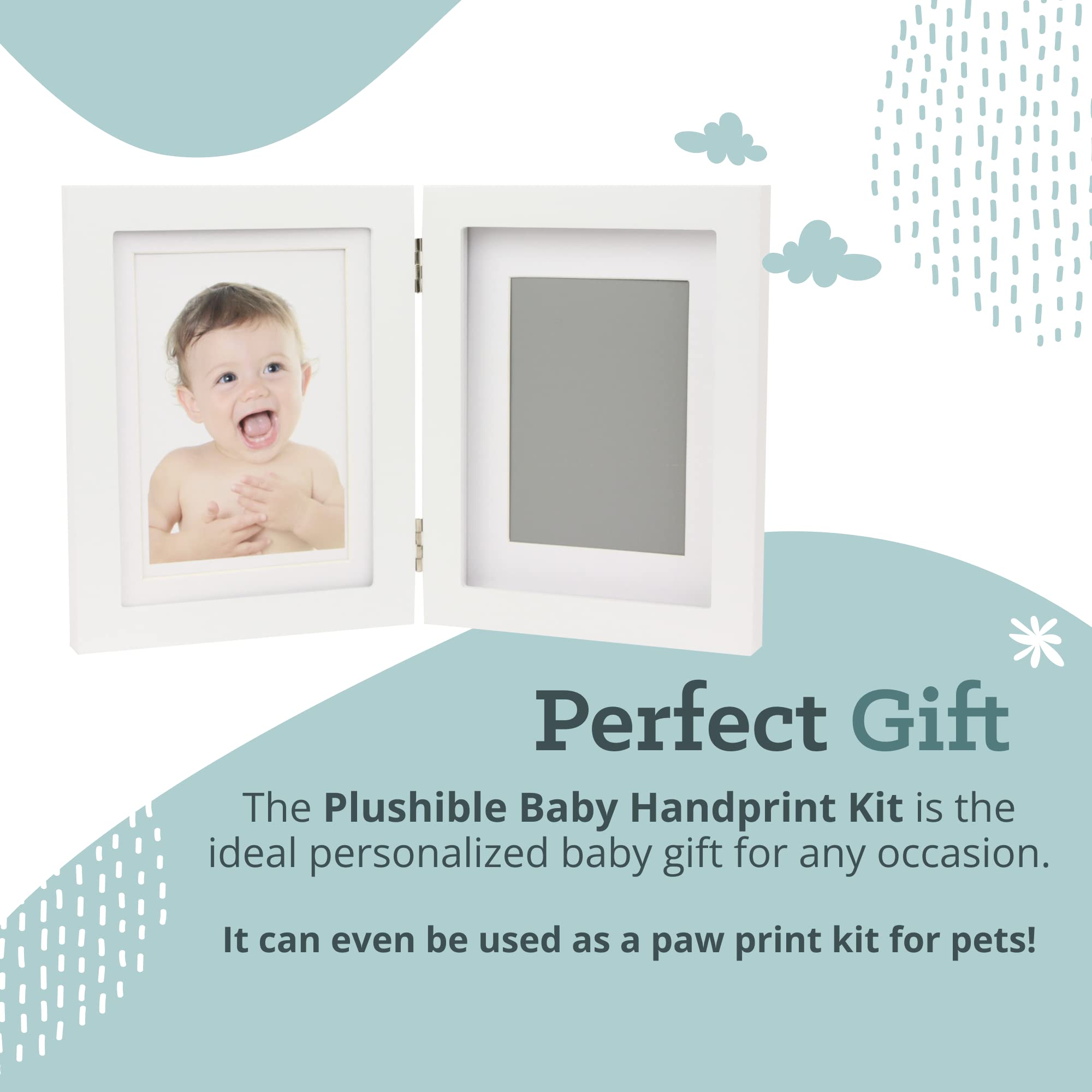 PLUSHIBLE Baby Handprint Footprint Keepsake Kit – Personalized Casting Kit with Picture Frame, Ideal for New Moms, Grandmas, and Baby Registries, White Hinge Frame