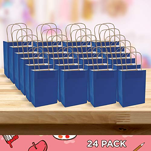 Fun Express Medium Blue Kraft Paper Gift Bags 24 Count - 6 1/2" x 3 1/4" x 9" with 4 1/2" Handles - Craft Supplies Birthday Party Boy Decoration, Baby Shower Decor Supply Set Disposable