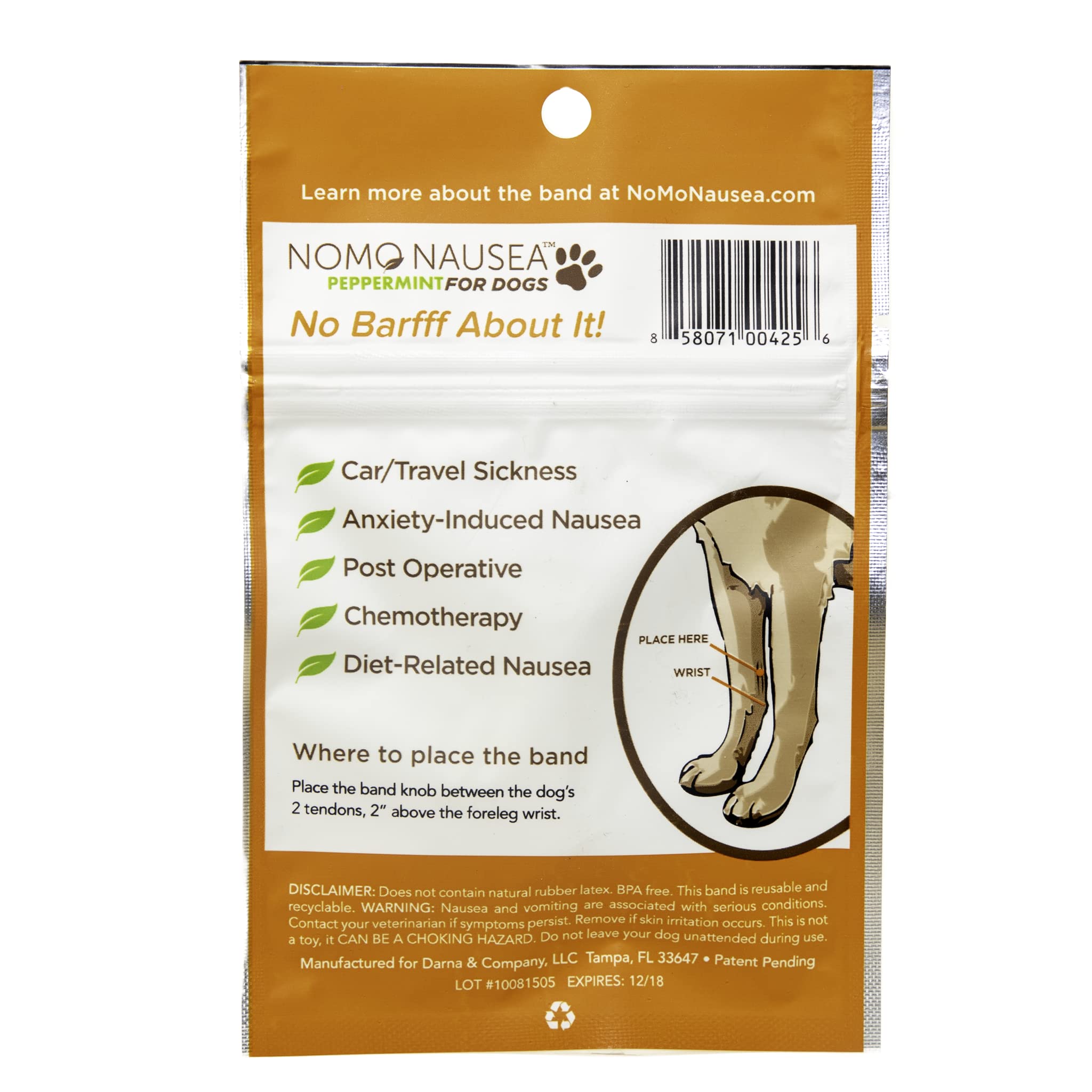 NOMO Peppermint Aromatherapy Motion Sickness Relief Bands for Dogs | Anti-Nausea Wristbands with Gentle Acupressure | 30-Second Nausea Relief Band | Medium to Large | Nude | Single Pack