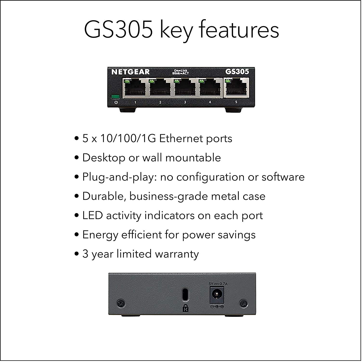 NETGEAR GS305, 5 Port Gigabit Ethernet Network Switch, Ethernet Splitter, Hub, Desktop, Sturdy Metal, Fanless, Plug and Play