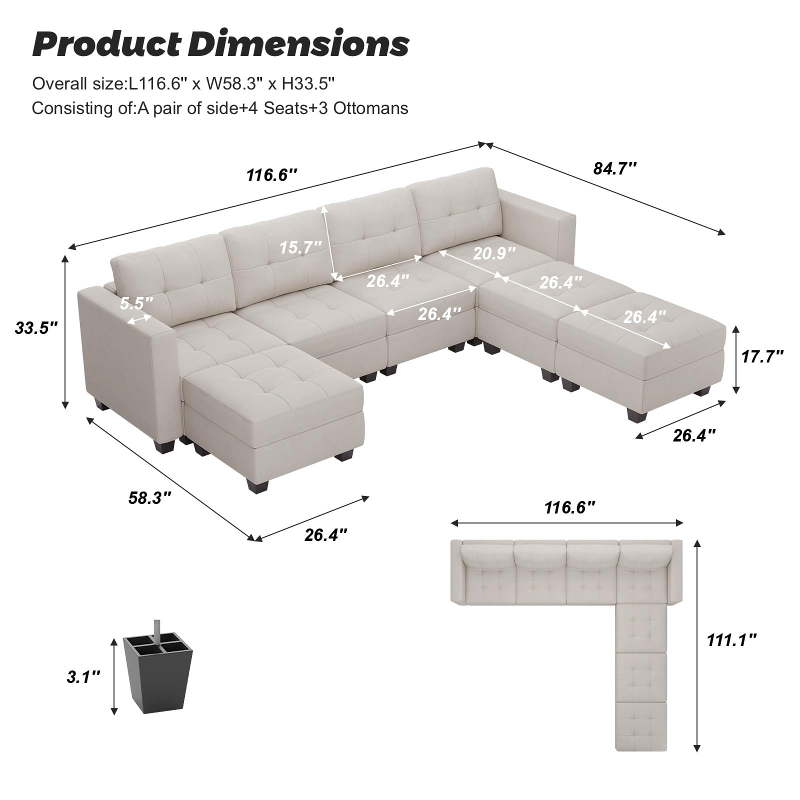 Belffin Modern U-Shaped Modular Sectional Sofa with Storage Seats, 7 Seats Sleeper Couch with Reversible Chaise, Velvet Modular Oversized Sectional with Ottomans, Beige