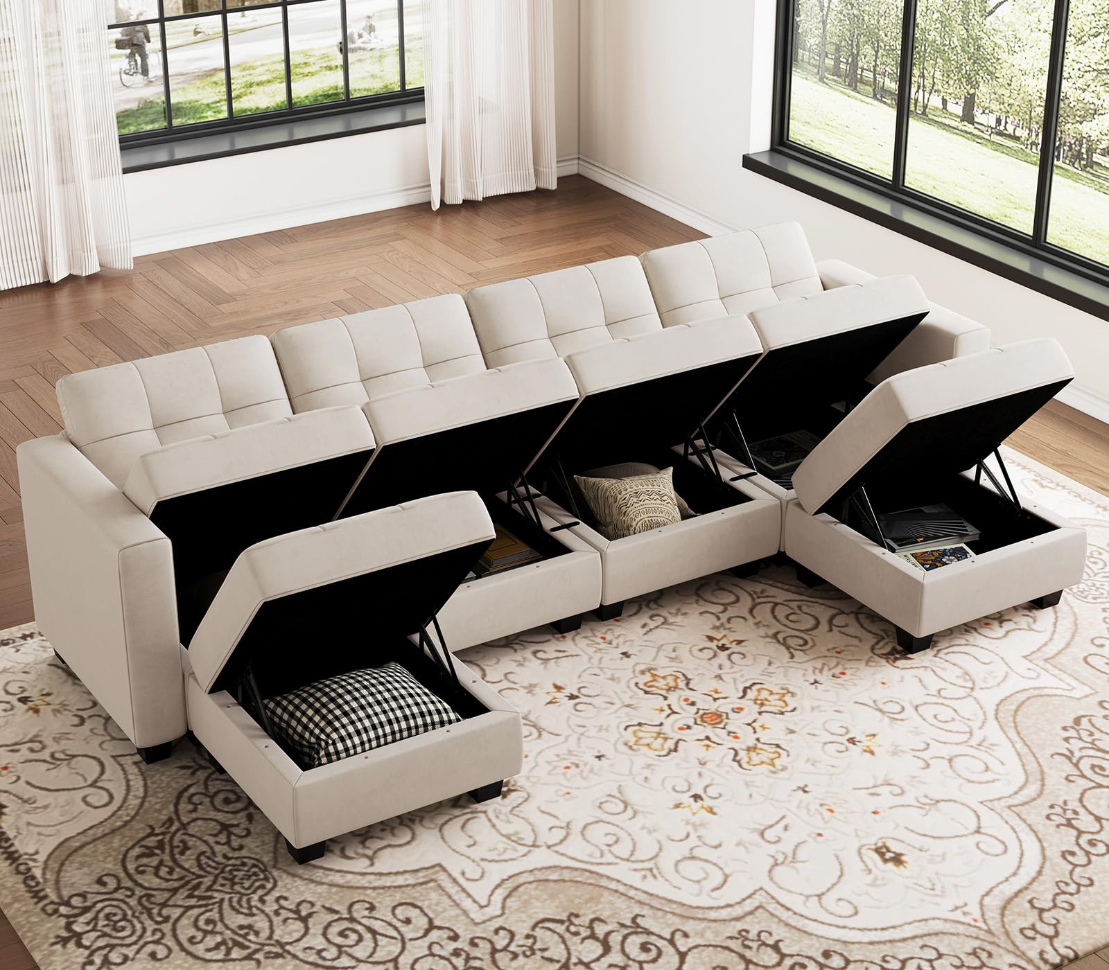 Belffin U-Shaped Modular Sectional Sofa, Couch with Storage Seats, Convertible Sofa with Reversible Chaise, Sleeper Couch for Living Room, Beige