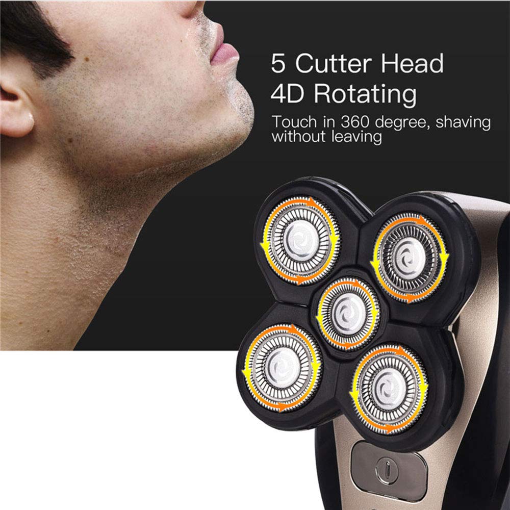 Men's 5 in 1 5D Electric Rotary Razor Rechargeable Waterproof Five-Headed Beard, Hair Razor for a Perfect Bald Look, Cordless and USB Rechargeable