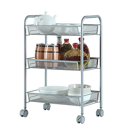 Goujxcy 3-Tier Kitchen Island Dining Cart on Wheel Honeycomb Mesh Iron Multi-Functional Storage Shelf Movable Microwave Rack Utility Organizer Unit Silver