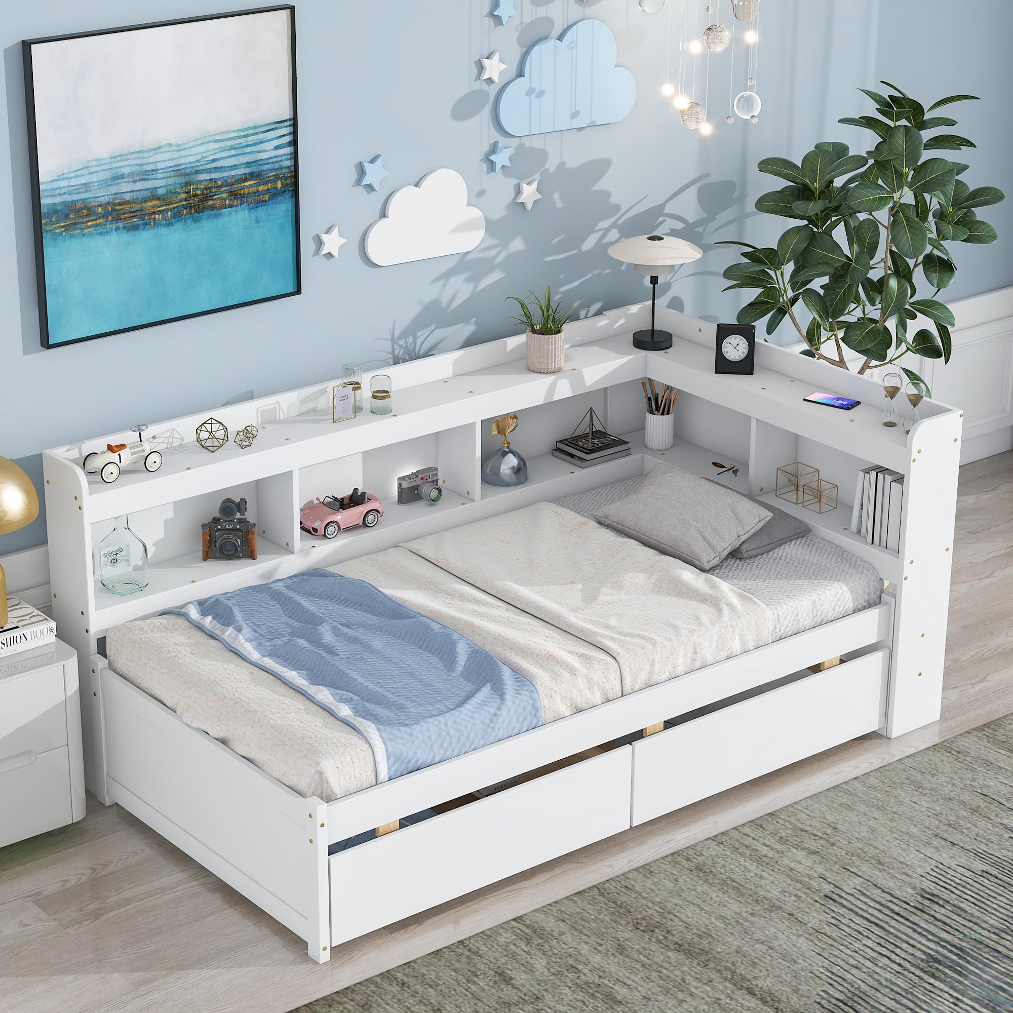 DNChuan L-Shaped Twin Size Daybed with Bookcase Headboard,Captains Corner Bed with Storage Drawers,Wooden Slat Support No Box Spring Needed,White