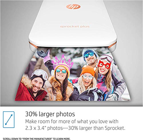 HP Sprocket Plus Instant Color Photo Printer, Print 30% Larger Photos on 2.3x3.4 Sticky-Backed Paper – White (2FR85A)