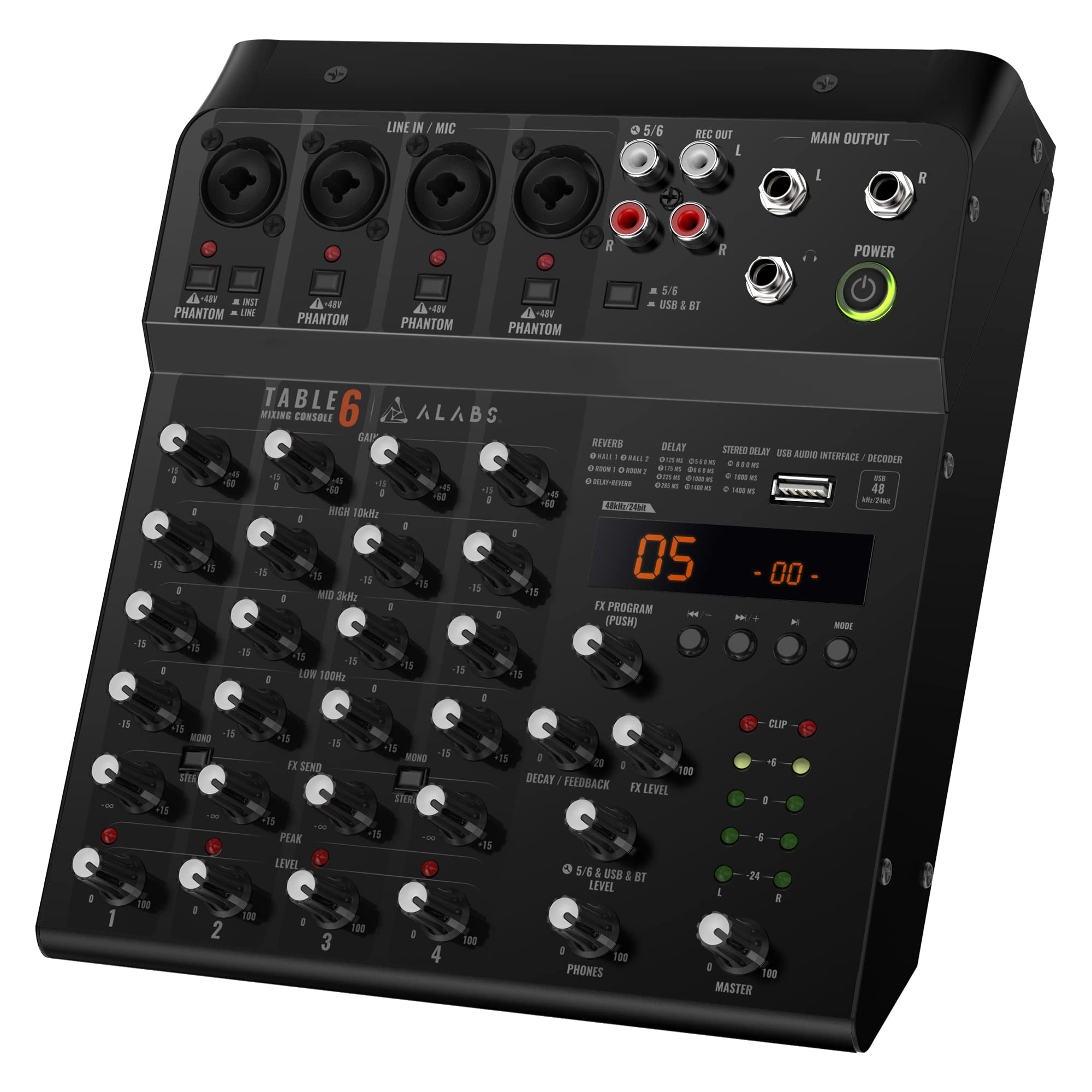 6 Channel Audio Mixer, ALABS DJ Mixer Sound Board for PC, Karoake Mixer Amplifier Mixer Audio, Podcast Mixer, XLR Interface Mixing Console,OP-AMP/Mic Preamps/Phantom/3-band EQ/16 DSP ,TABLE6