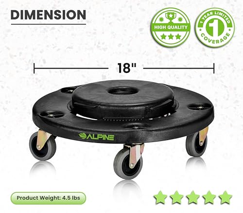 Alpine Rolling Brute Trash Can Dolly - Trash Can Dolly with Wheels/Trash Can Roller Base for Round 20, 32, 44, or 55 Gallon Garbage Bins, Heavy Duty Holds Up to 500lbs (Black)