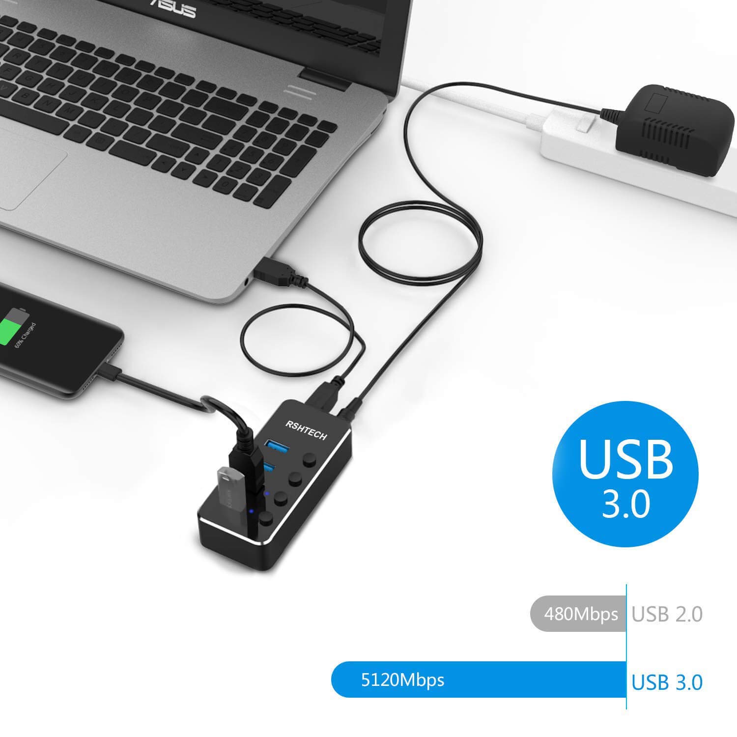 Powered USB hub RSHTECH 4 Port USB C to USB 3.0 Port Hub Expander Aluminum Portable USB 3.0 hub Splitter with 5V AC Adapter and Individual On/Off Switches (RSH-516-C)