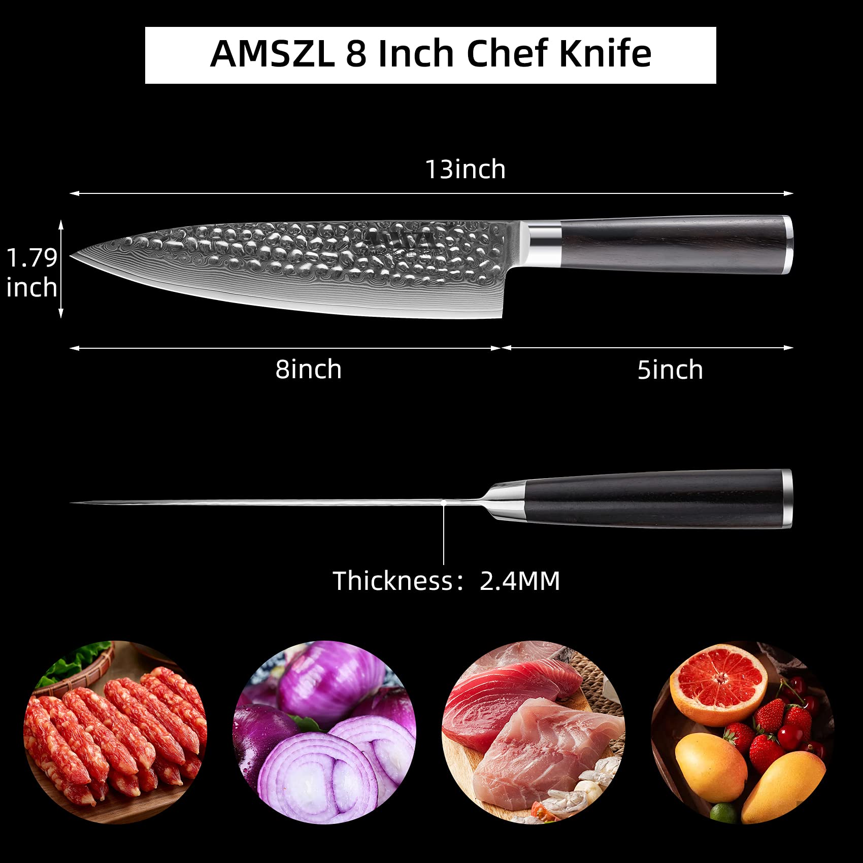 AMSZL Damascus Chef Knife 8-inch Japanese VG10 Stainless Steel Sharp Professional Kitchen knife, Hammered Forged, Ergonomic Ebony Handle, with GiftBox