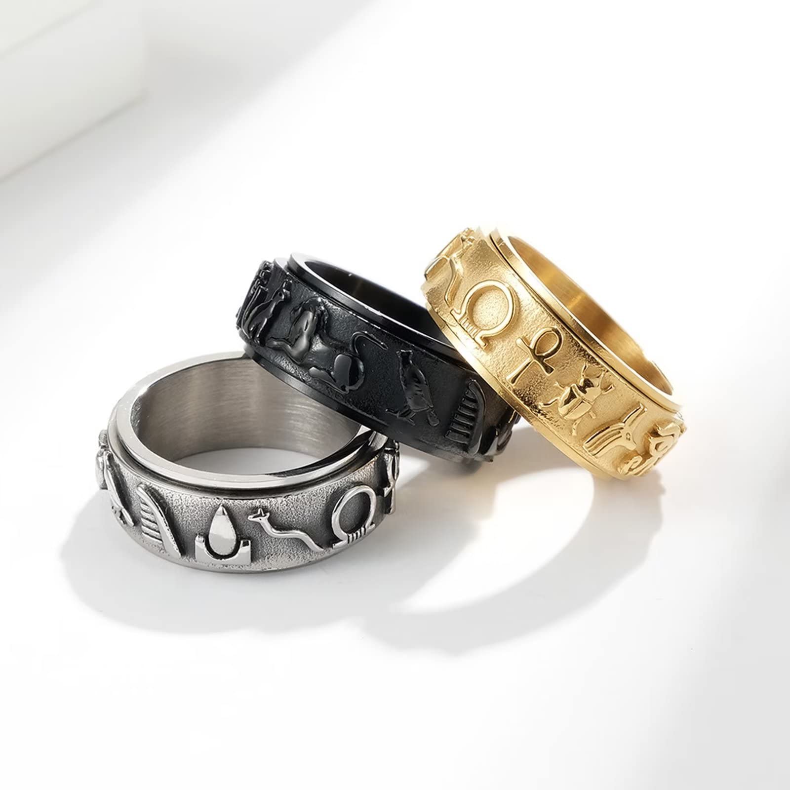 8mm Vintage Egyptian Spinner Rings with Symbol Totem Retro Stainless Steel Gothic Punk Personalized Rapper Biker Animal Pattern Spins Ring Jewelry for Mens Women Boys Teens
