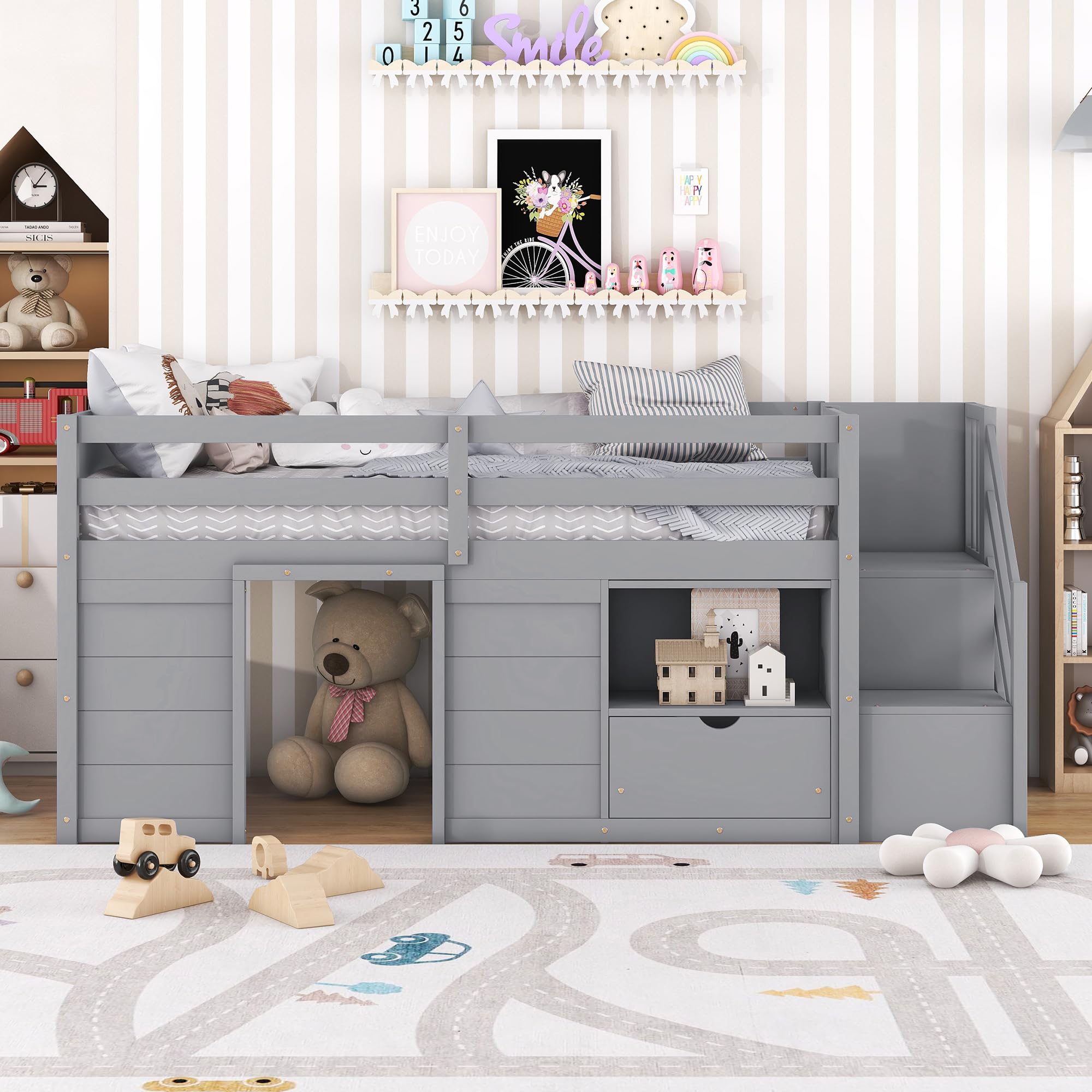 DEYOBED Twin Size Low Loft Bed with Play Space, Functional Solid Wood Bed Frame with Stair, Drawer and Shelf for Kids Girls Boys, Gray