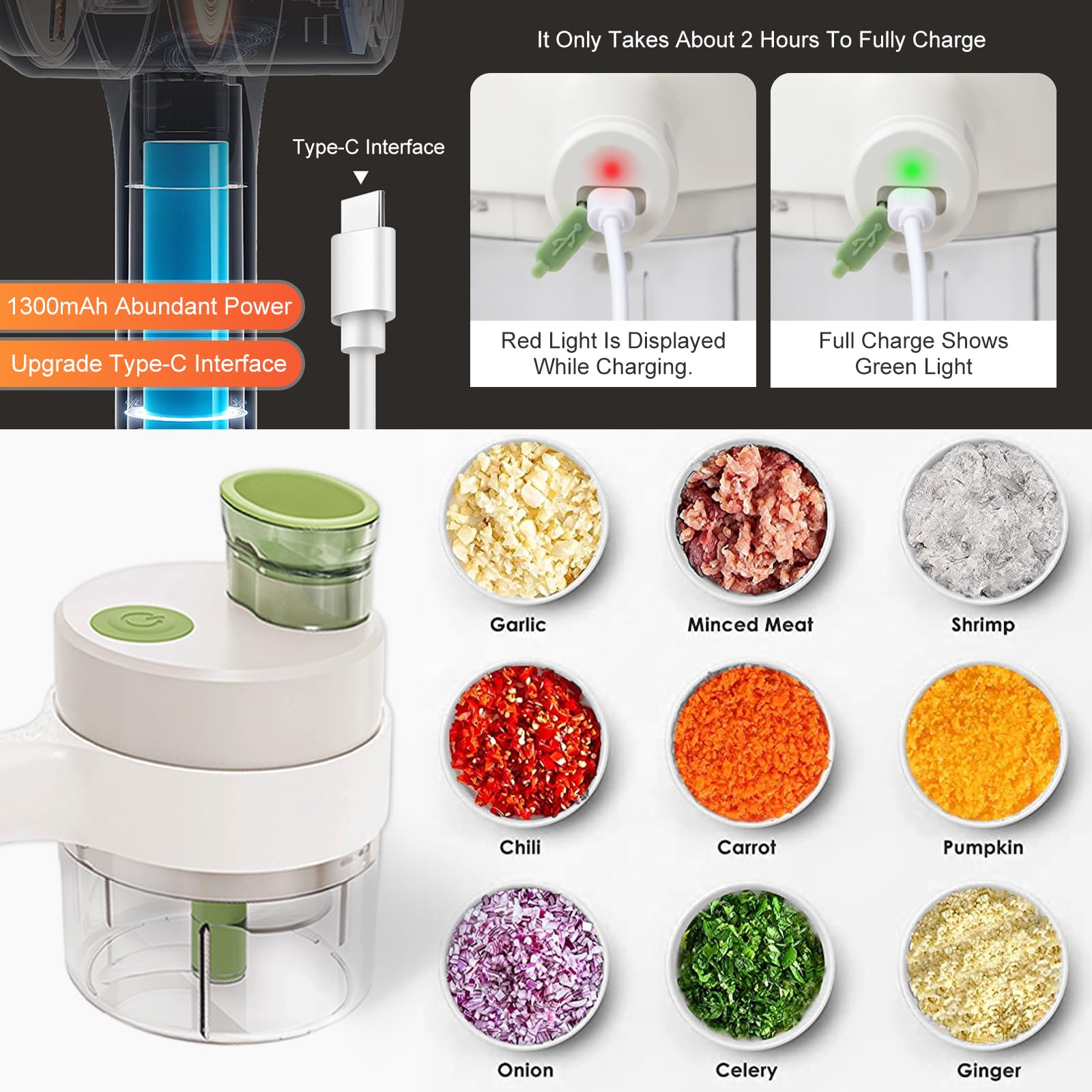 4 in1 Handheld Electric Vegetable Cutter Slicer Garlic Mud Masher USB Wireless Chopper Cutting Pressing Mixer Food Slice for Garlic Pepper Chili Onion Celery Ginger Meat (White)