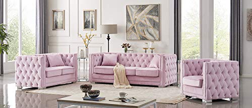 Iconic Home Christophe Sofa Velvet Upholstered Button Tufted Nailhead Trim Shelter Arm Design Silver Tone Metal Block Legs Modern Transitional, Pink
