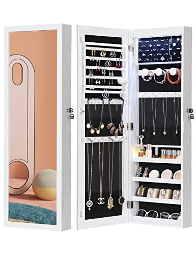 Nicetree 6 LEDs Mirror Jewelry Cabinet with 3 Improvements, 4.2" D Lockable Mirror with Jewelry Storage, Door/Wall Mounted Jewelry Organizer Mirror, Larger Capacity, White