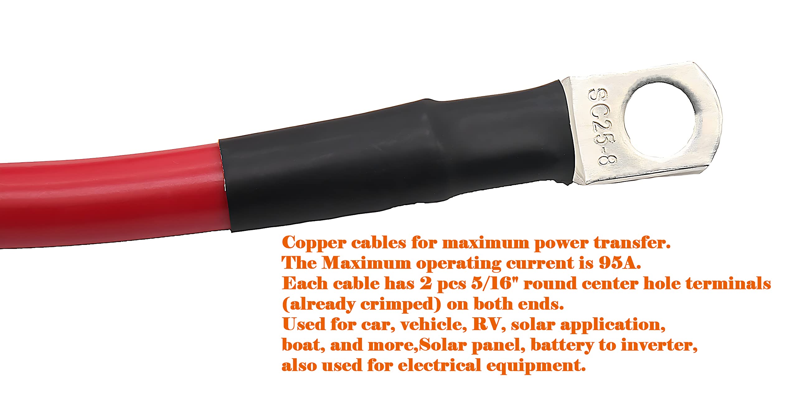 4 AWG Battery Cables, Gauge Power Inverter Cables with 5/16" Ring Terminals for Solar, RV, Auto, Marine Car, Boat (Length 3 ft