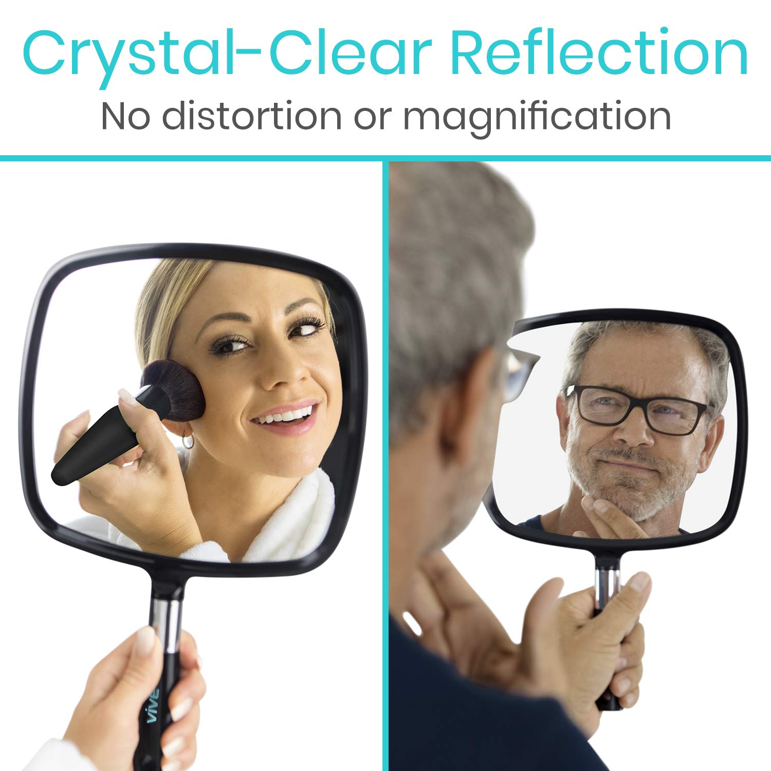 Vive Hand Mirror - Handheld Mirror with Handle - Extra Large Travel Portable Design - Makeup Mirror, Hair, Bathroom, Shaving, Barber - Vanity for Women, Men with Paddle Handle - Black Plastic Tool