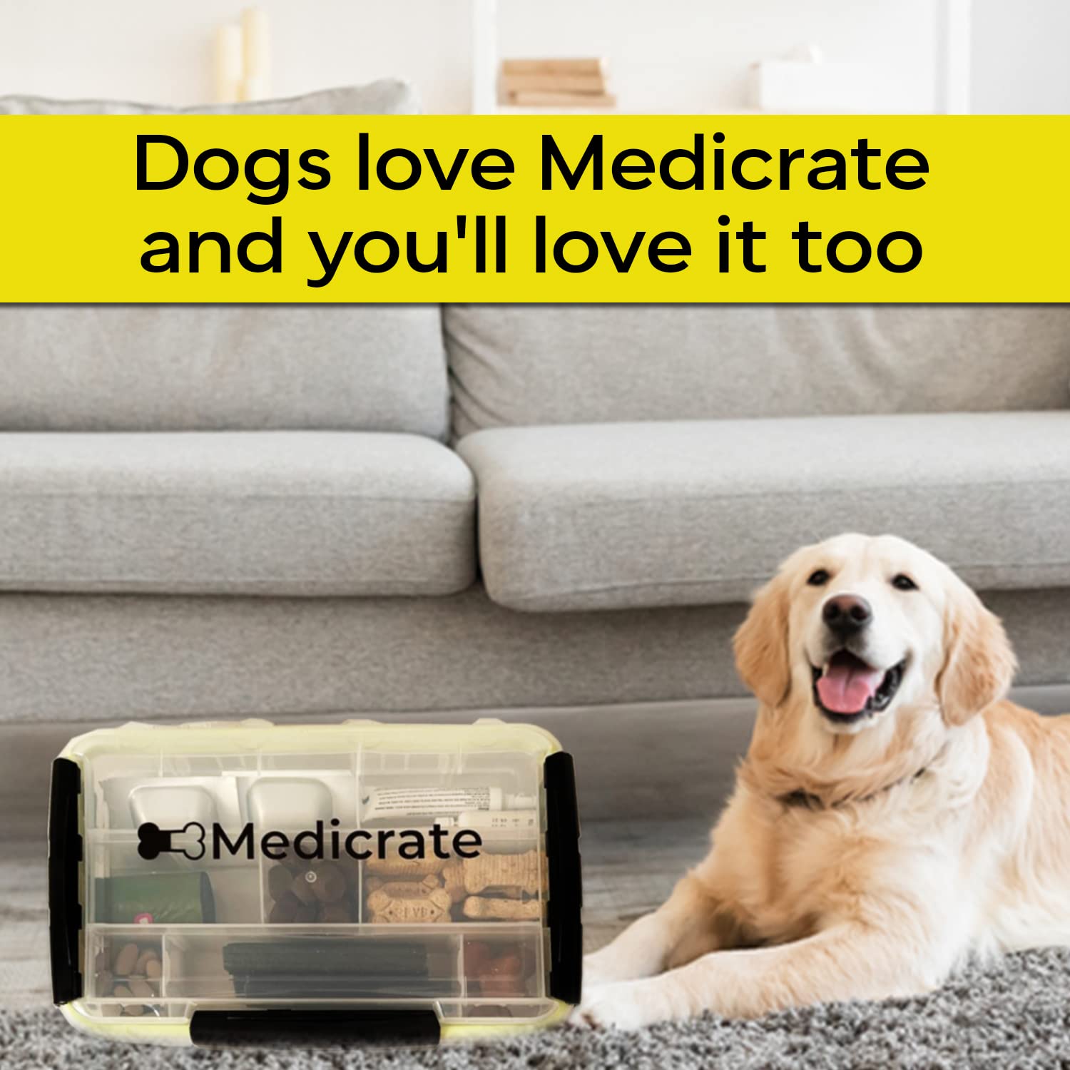 Medicrate Dog Storage Organizer - Multipurpose Organizational box for Storing Treats, Medication, Poop Bags, Pet Supplements & Chews - Adjustable Container Compartments for Weekly/Monthly Planning