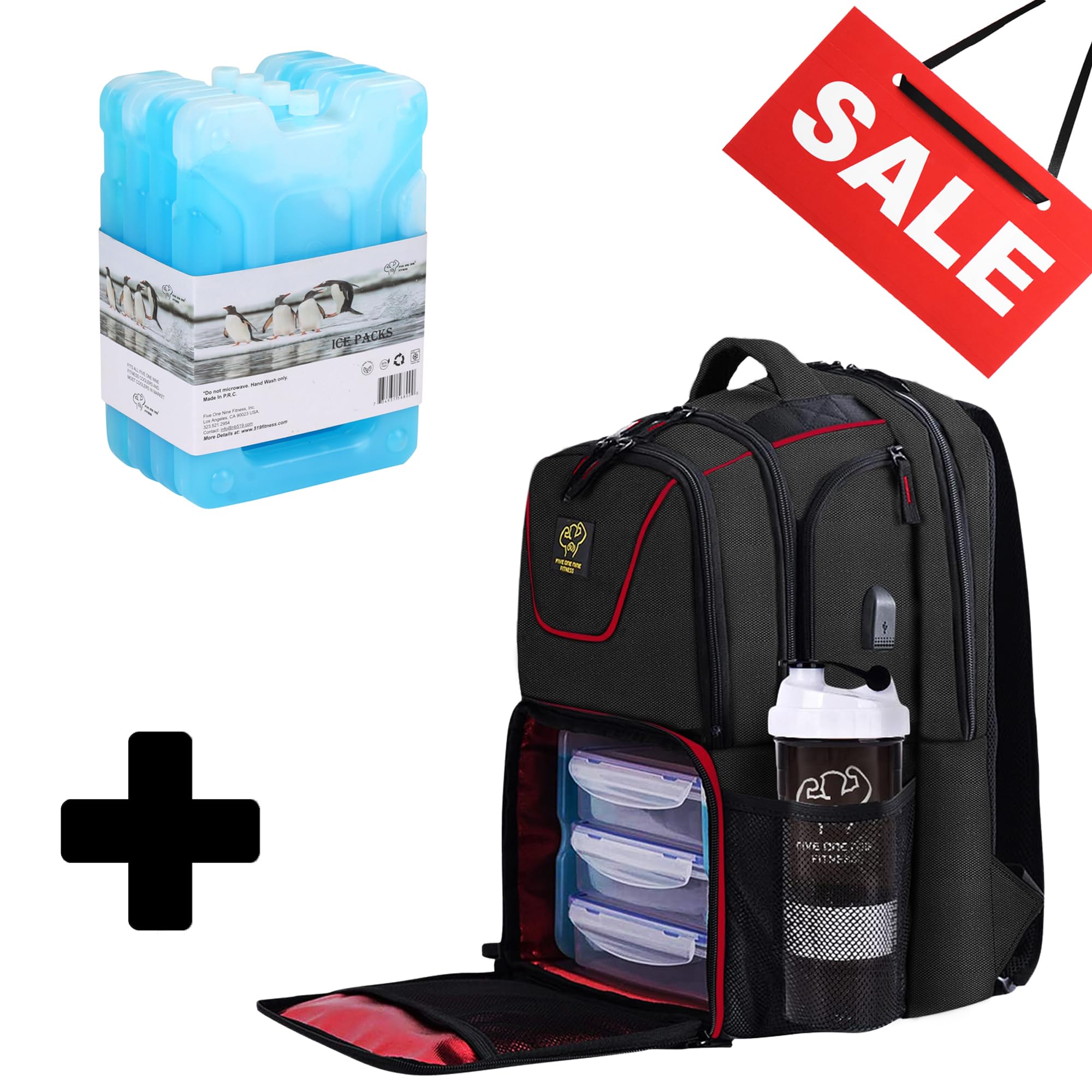 519 Fitness Meal Prep Backpack,Insulated Cooler Lunch Backpack with Computer Compartment,Hiking Picnic Cooler Rucksack For Men and Women,3 Meal Containers,2 Ice Packs and Protein Shaker(black)
