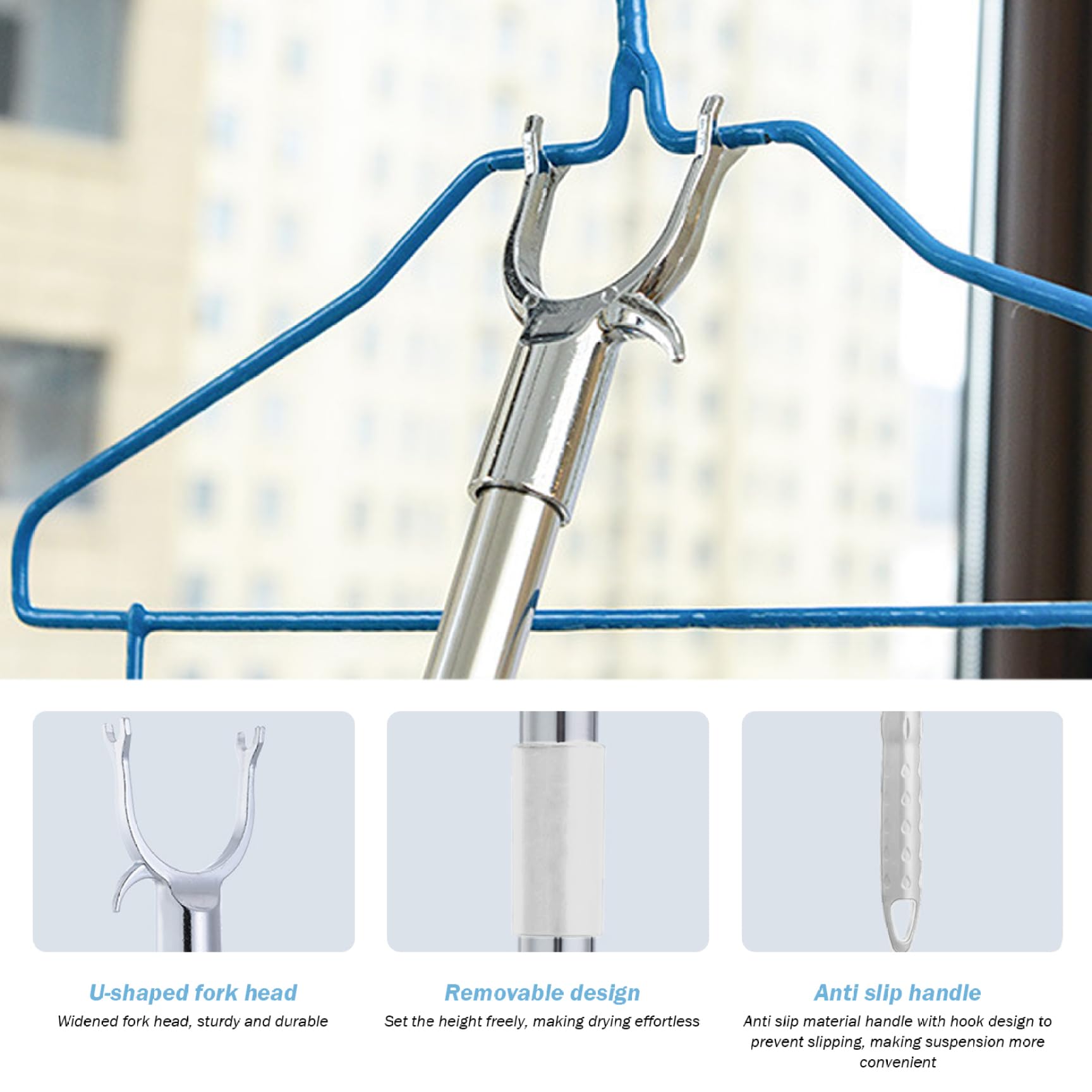 Clothesline Pole 51 Inch Telescoping Pole with Hook Stainless Steel Long Reach Closet Pole with Hook & Non-slip Handle for Ceiling, Shelf Clothes Line Pole Clothing Hanger Telescopic Rod