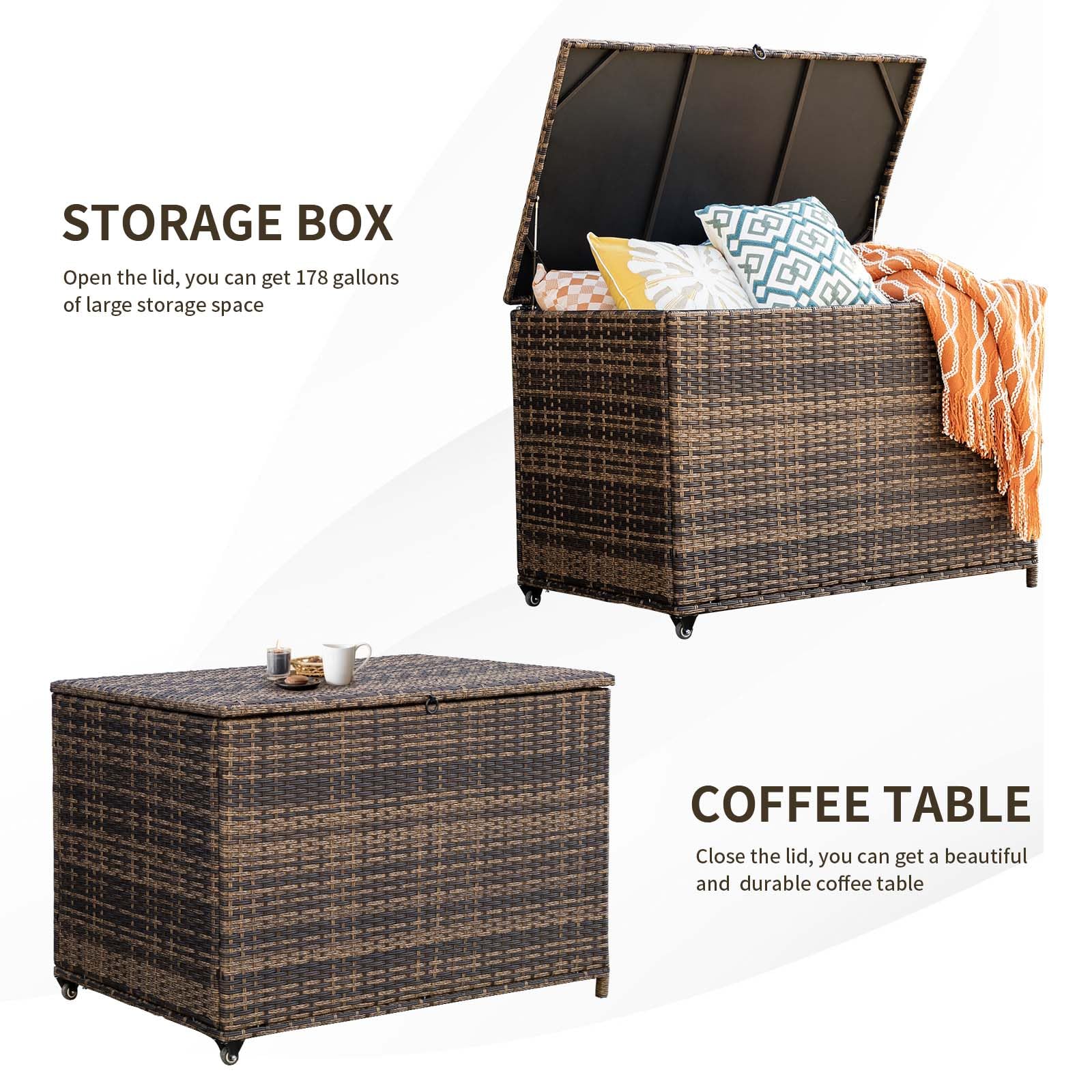MEISSALIVVE 178 Gallon Outdoor Storage Box, Patio Deck Box with 2 Wheels, Handle Large Portable Wicker Rattan Deck Box for Patio Furniture Cushions, Throw Pillows, Garden Tools and Pool Floats (Brown)
