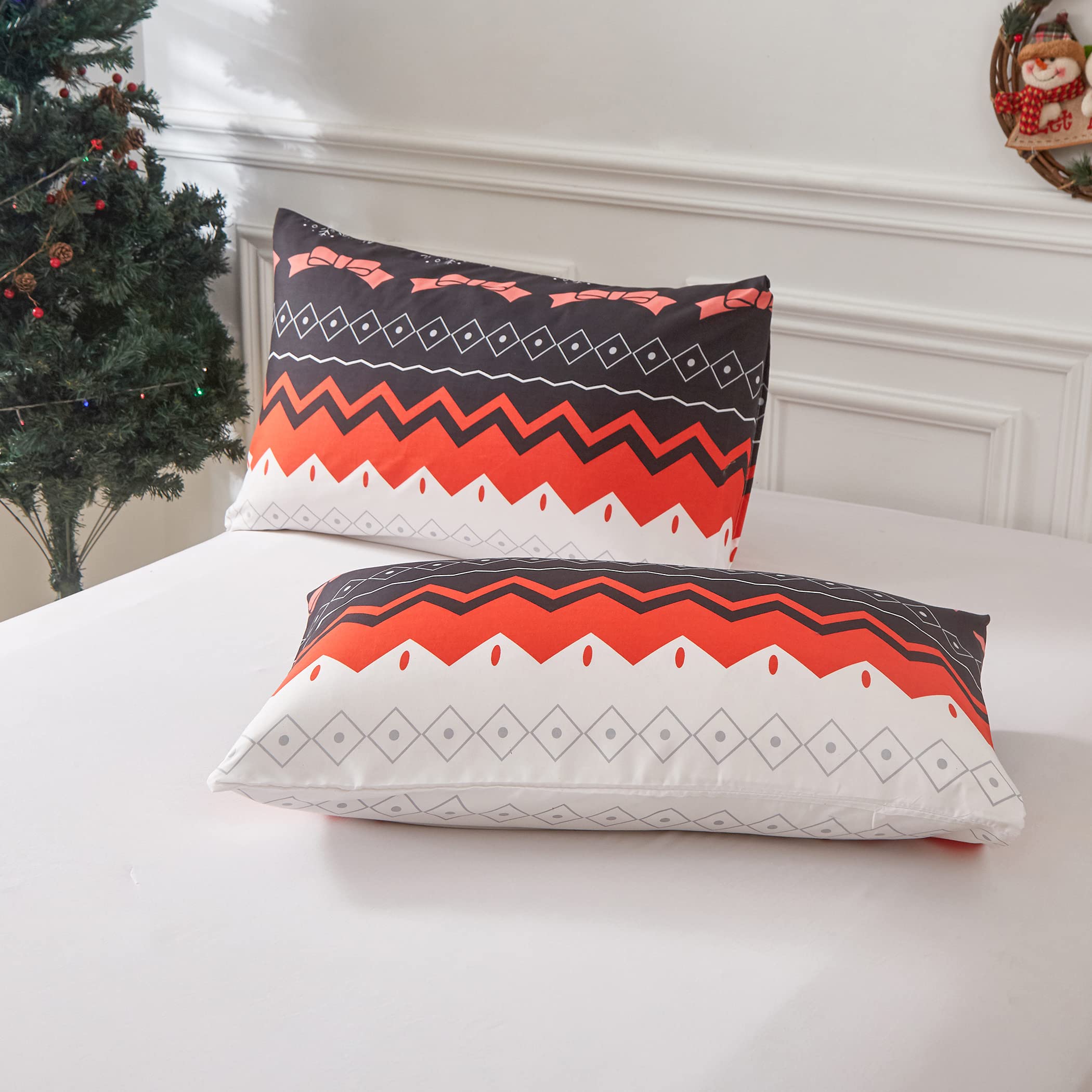 LAMEJOR Christmas Duvet Cover Set Queen Size Soft, Christmas Theme Reindeers/Bells/Christmas Trees Pattern Holiday Decor, 1 Duvet Cover+2 Pillow Cases
