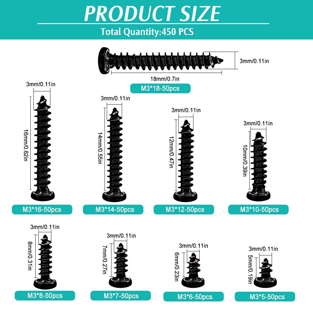 450Pcs M3 Flat Head Wood Screws Assortment Fasteners Kit, Self Tapping Screws Assortment Set, Countersunk Head Self-Tapping Screws,Carbon Steel