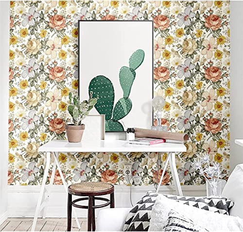Blooming Wall Beige Multicolor Peony Daisy Peel and Stick Wallpaper Self Adhesive Wall Mural Wall Decor, 14.5 Square Ft/Roll