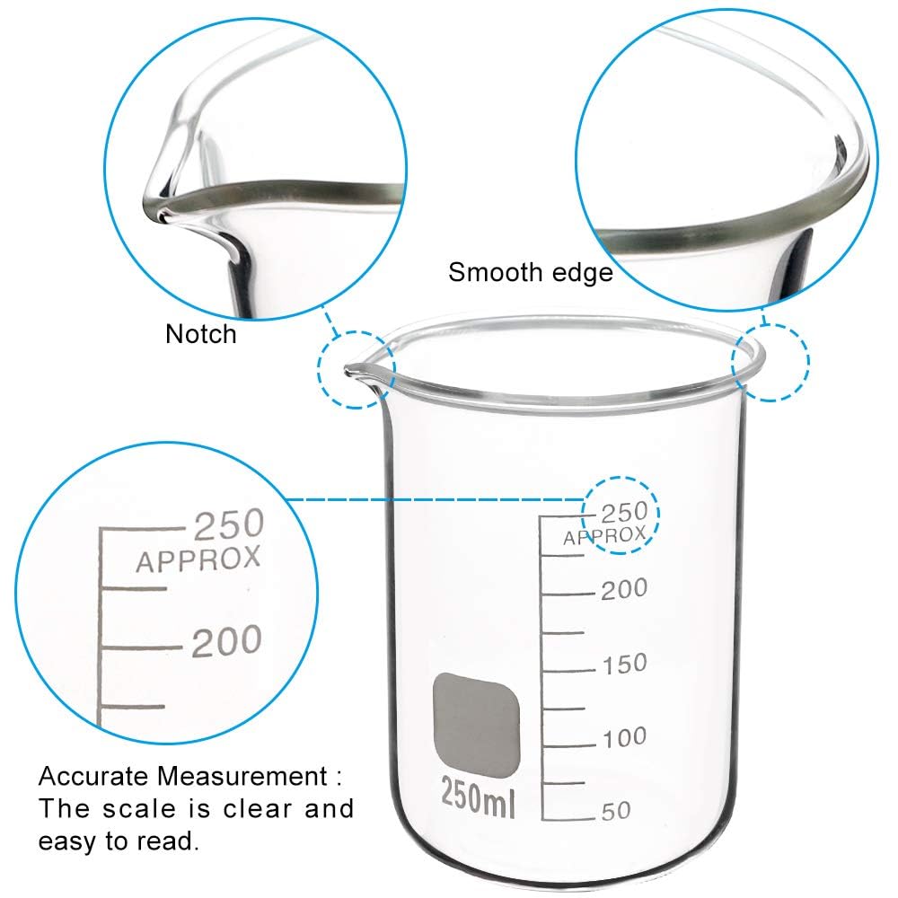 SUPERLELE 8pcs Glass Graduated Beaker Set 25, 50, 100, 200, 250, 400, 500, 1000ml, Glass Measuring Beakers with 4 Stirring Rods