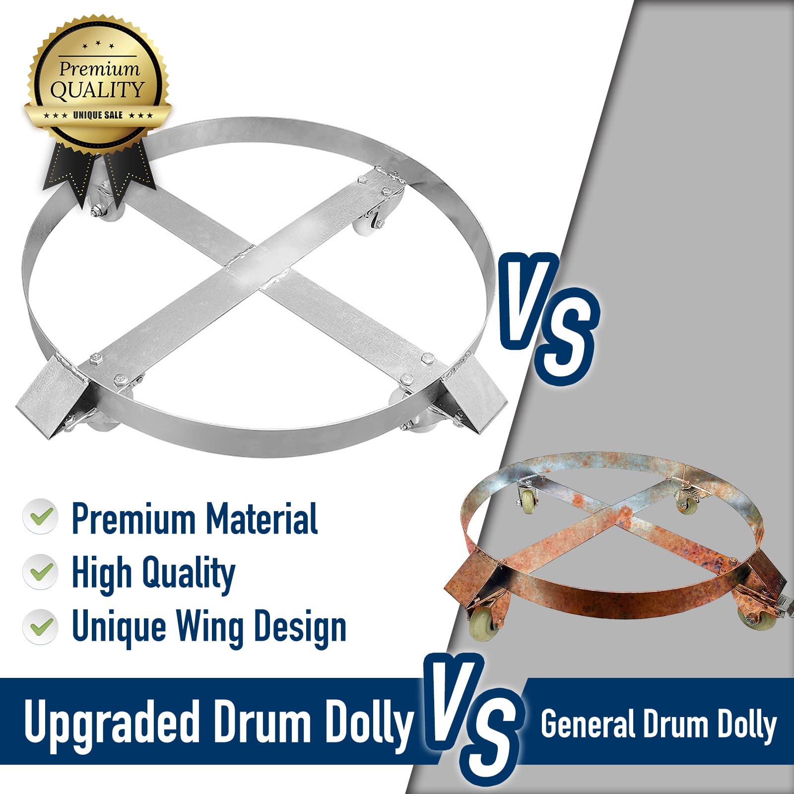 BotaBay Upgrade Drum Dolly for 50 Gallon Drums, Barrel Dolly with 4 PCS 360° Rolling Swivel Caster Wheels and Brake, Heavy Duty Steel Frame Drum Cart for Workshops, Factories, Warehouses