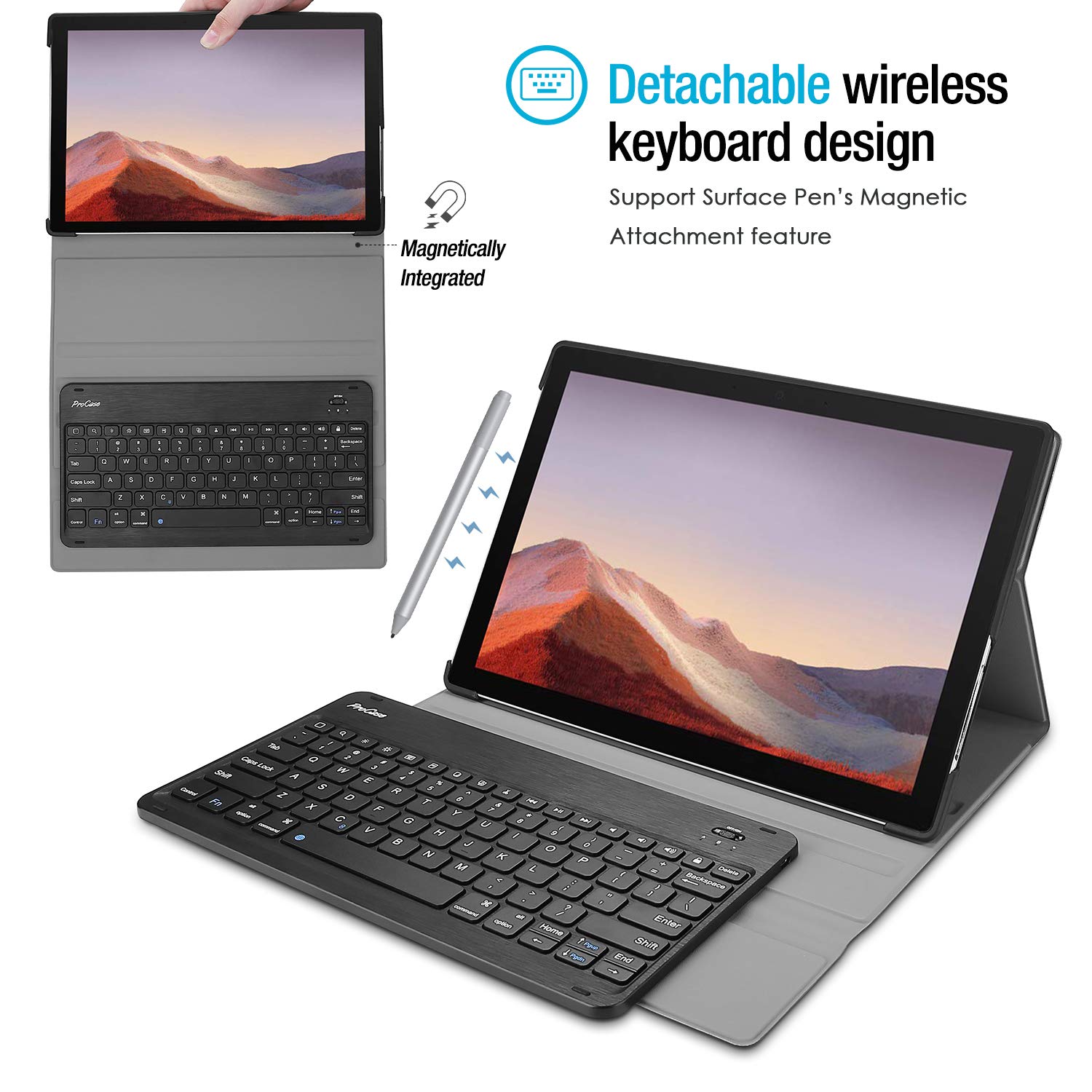 ProCase Keyboard Case for Surface Pro 7 (2019) /Pro 6 (2018) /Pro 5 (2017) /Pro 4 (2015) 12.3 Inch Tablet, Slim Lightweight Smart Cover with Magnetically Detachable Wireless Keyboard –Black