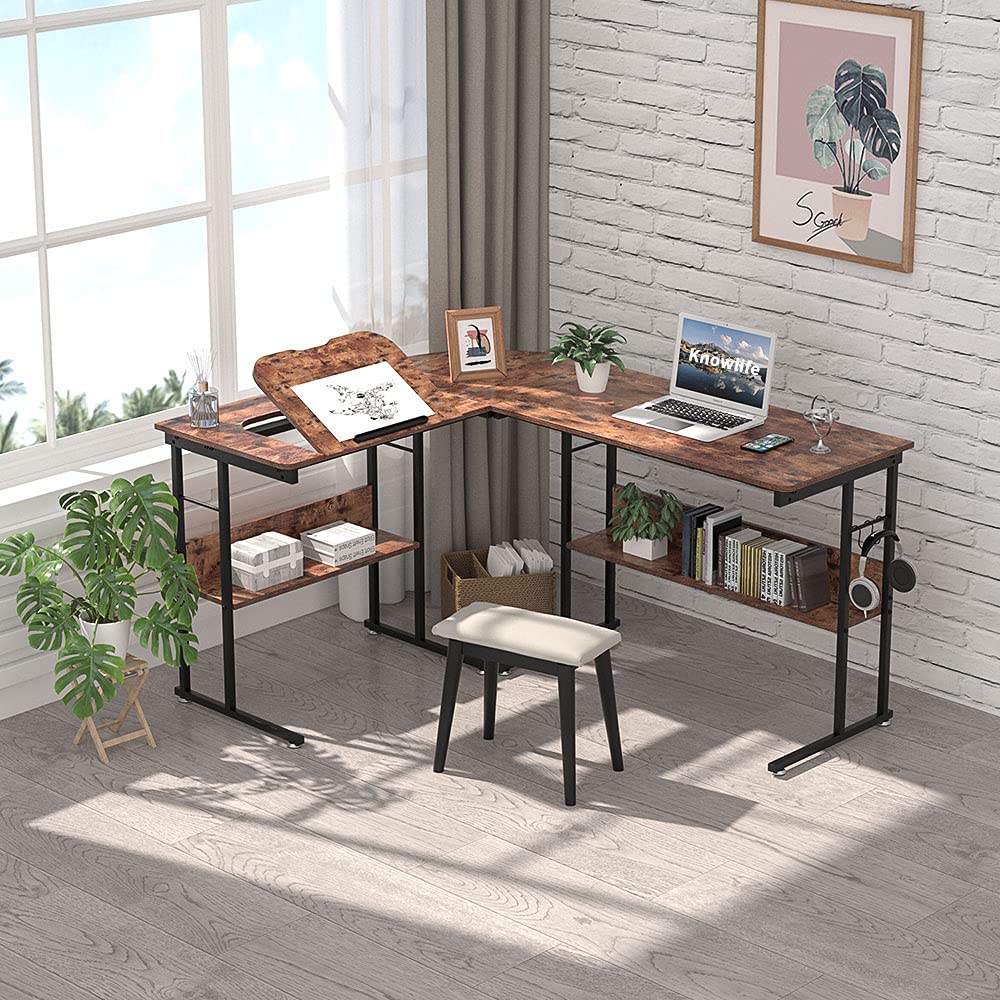 Knowlife Computer Desk L Shaped Desk 58 inch with Round Corner and Hooks Tiltable Desk for Small Space Brown