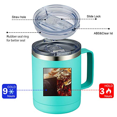 MEWAY 12oz Coffee Mug With Handle and Sliding Lid,Stainless Steel Travel Tumbler Cup with Handle,Double Wall Vacuum Insulated Camping Cup for Hot & Cold Drinks Tea (Light Green,Set of 1