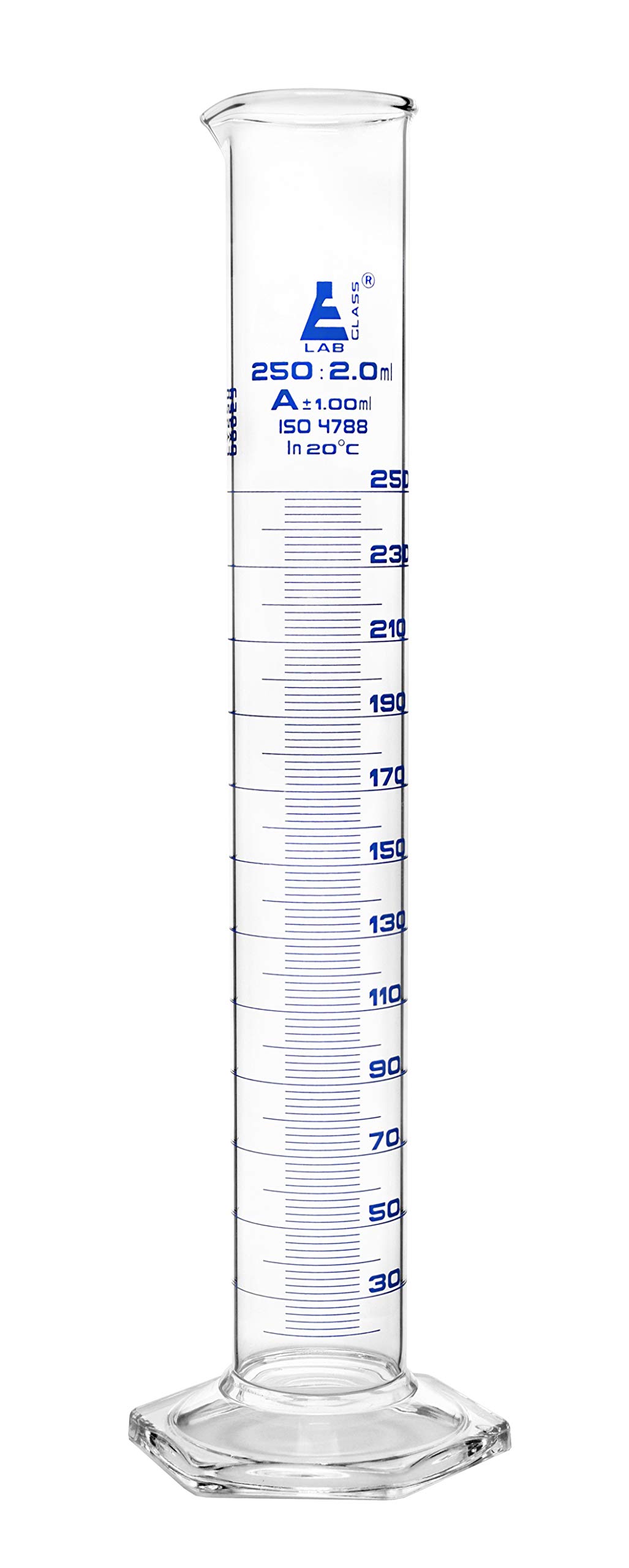 EISCO Graduated Cylinder, 250ml - Class A Tolerance ±1.00ml - Hexagonal Base - Blue Graduations - Borosilicate 3.3 Glass