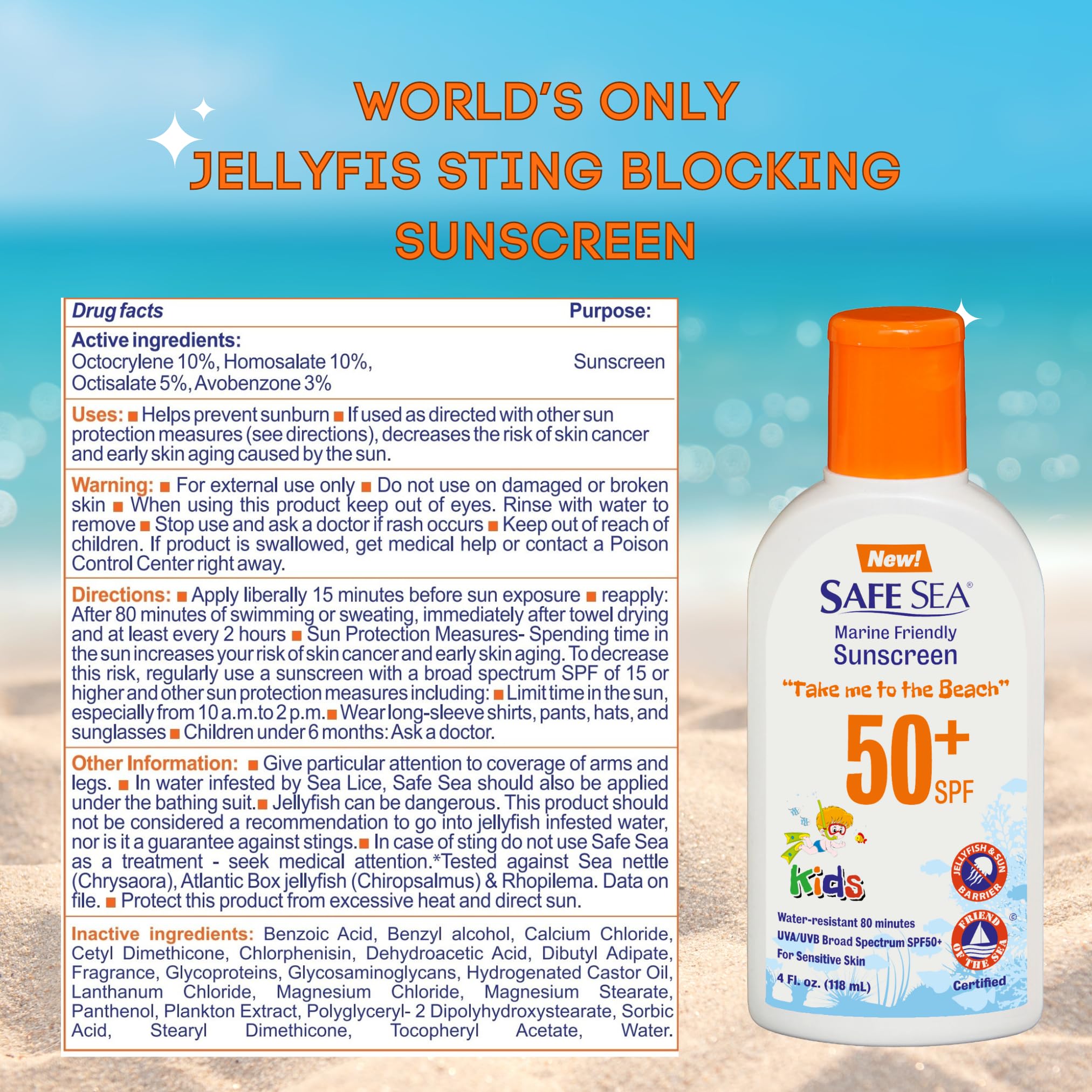 Safe Sea Jellyfish Sting-Blocking Sunscreen for Kids, SPF 50+ Lotion 4oz, Waterproof, Biodegradable, Coral Reef-Safe β Body and Face Sunscreen, Anti-Jellyfish and Sea-Lice sting protection.