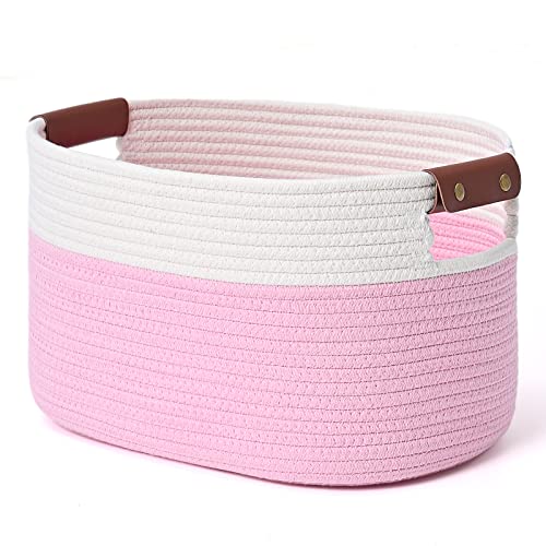 ECDYQXVU 1 Pack Cotton Rope Storage Baskets,15x10x9in,Collapsible Storage Bins, Decorative Woven Basket Cube Storage Organizer for Laundry, Towel, Clothes, Cosmetics, Books(White/Pink)