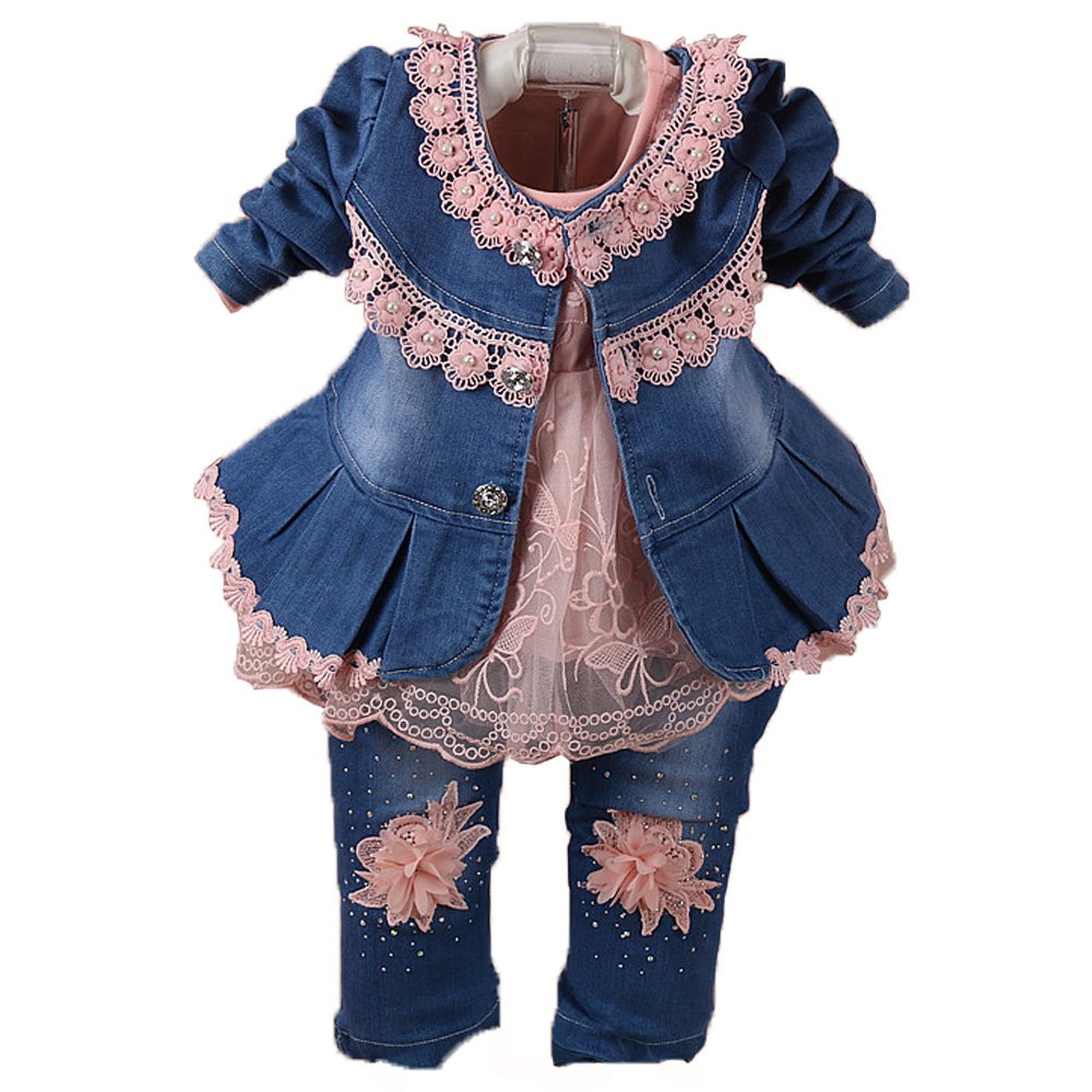 Yao 6M-4Y Infant 3Pcs Baby Girls Clothes Set Toddler Outfits Lace Dress Jacket and Jeans (4-5Y,Flower-Pink)