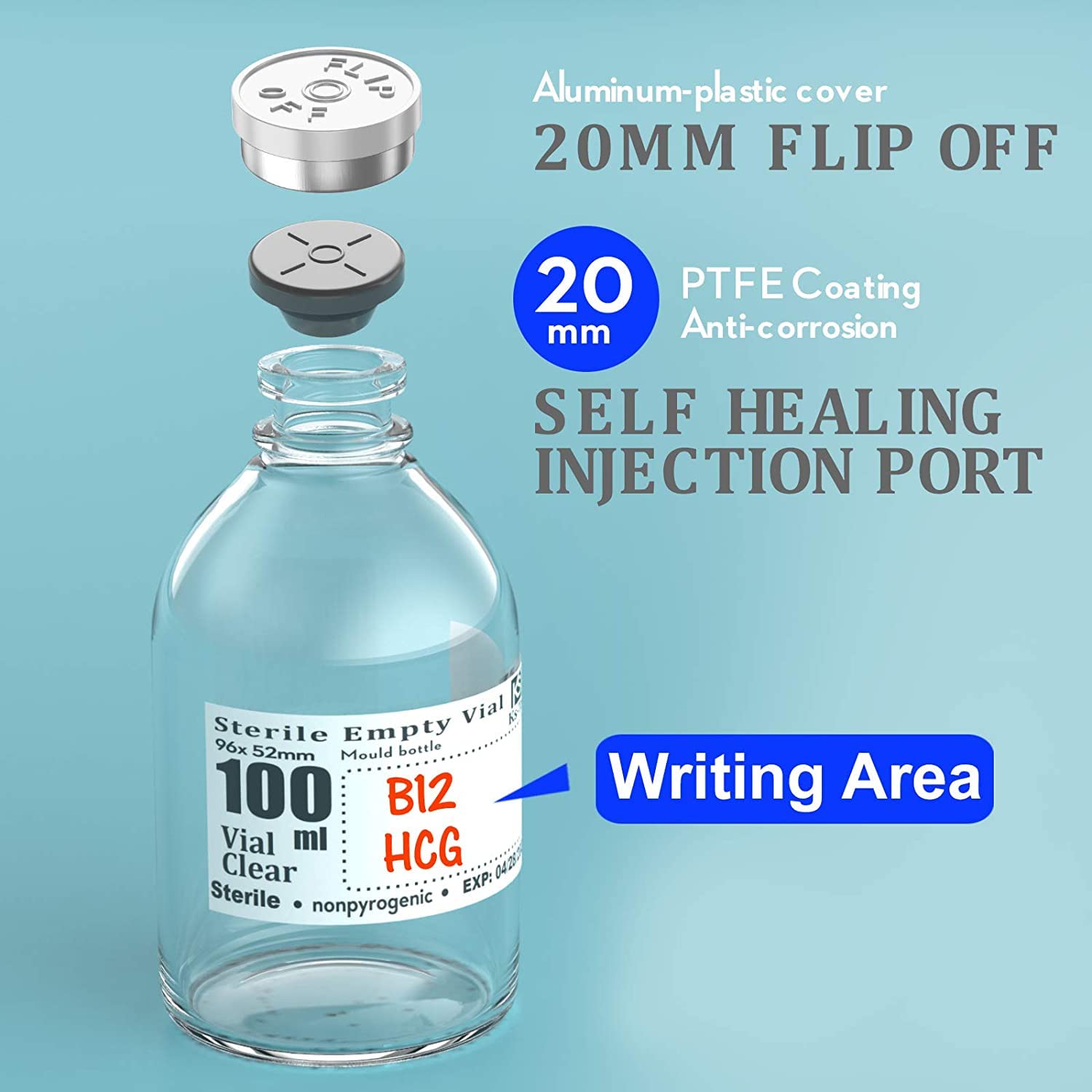 Biocomma 4pcs 100ml Sterile Empty Vial with Plastic Aluminum Flip Off Caps,Penicillin Bottle 20mm Crimp Top Sterile Transparent Borosilicate Lab Sample Vial (Transparent)
