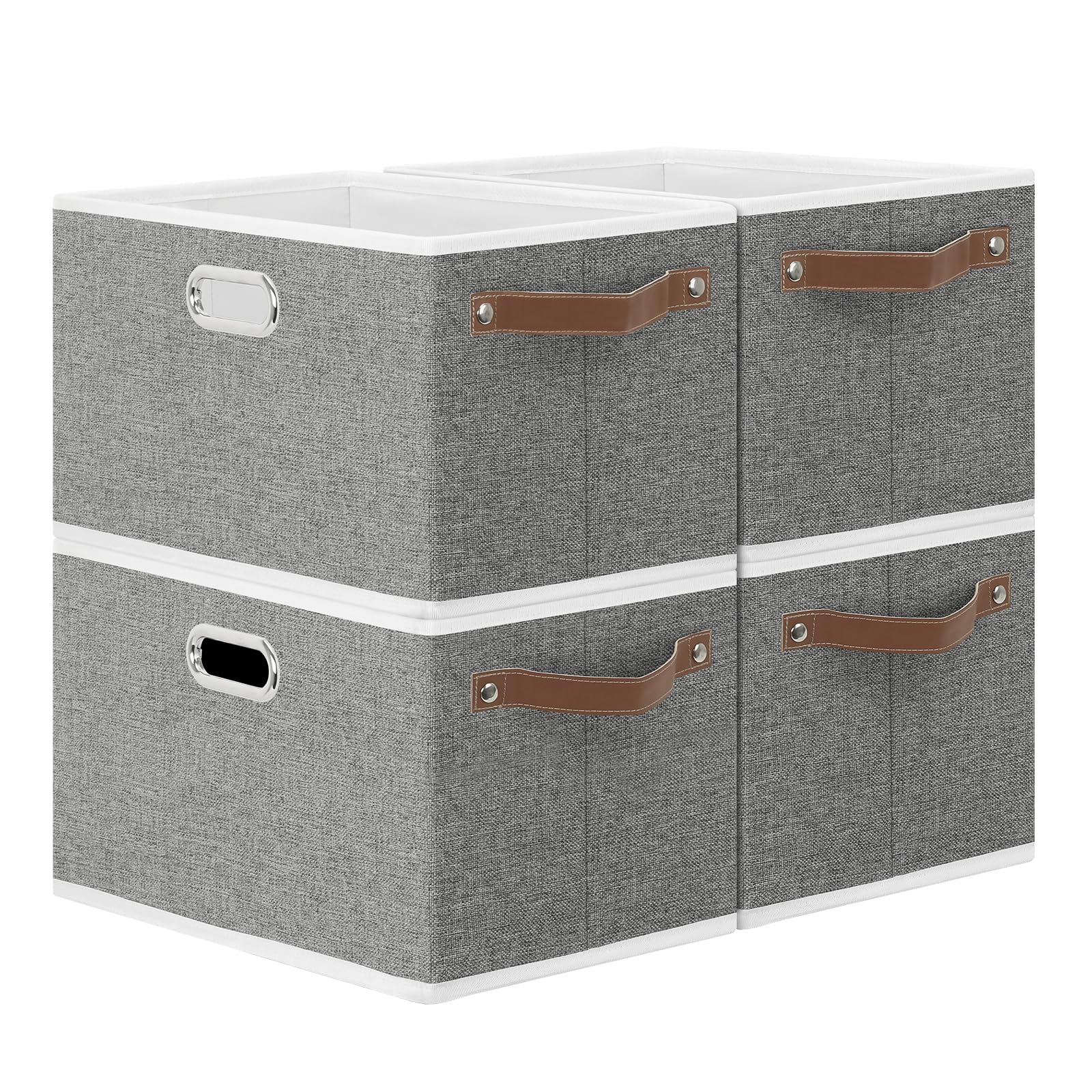 LOVSTORAGE Collapsible Storage Boxes, 4 Pack Fabric Foldable Storage Bins Organizer Containers with Dual Leather Handles,15.0 x 9.8 x 8.3 inch Storage Organizer Baskets for Shelves Home, Grey