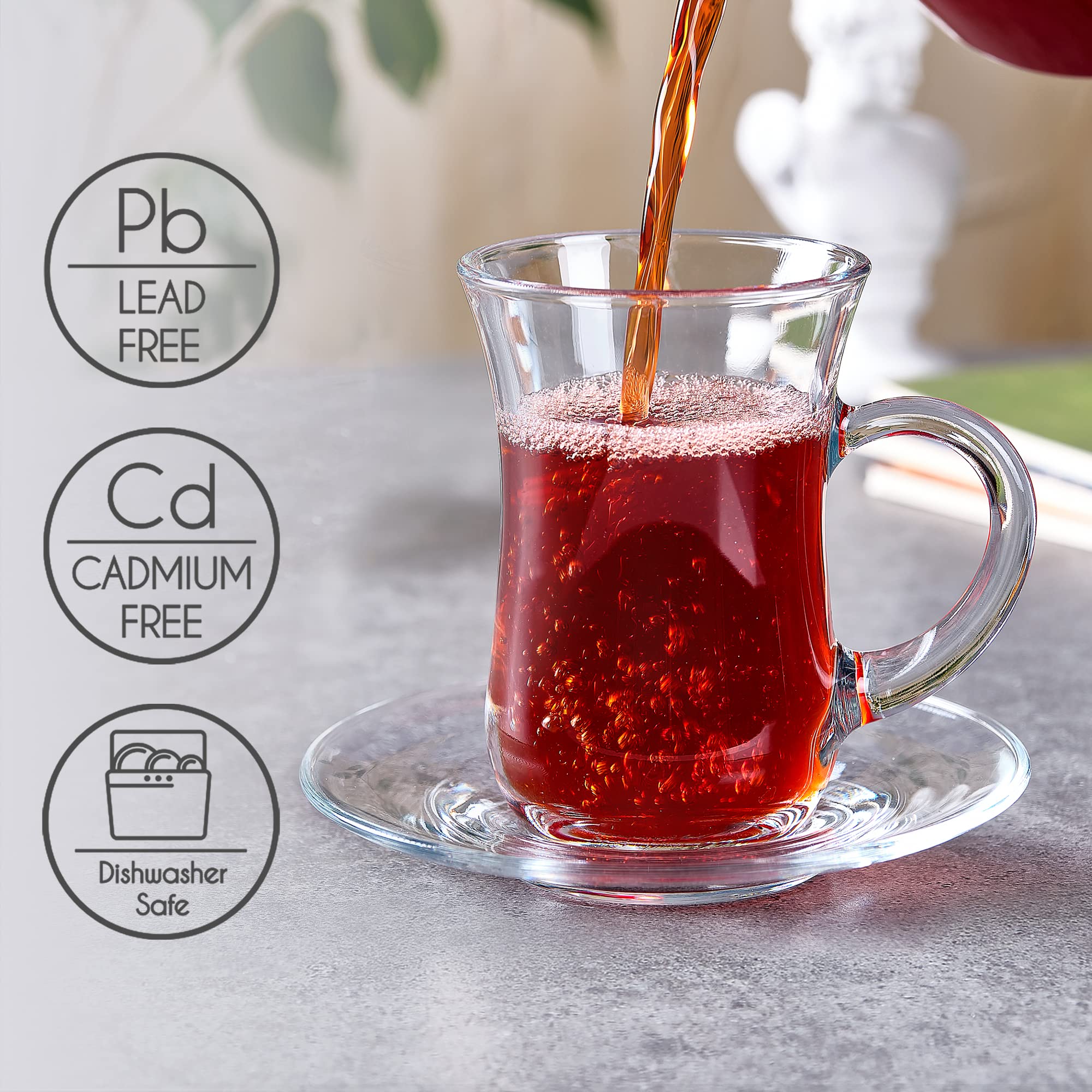 Volarium Small Turkish Tea Set 12 Piece Modern Turkish Tea Glasses & Saucers Set, 6 PCs 4.9 oz (145 cc) Clear Glass Tea Cups with Handle and 6PCs Glass Saucers
