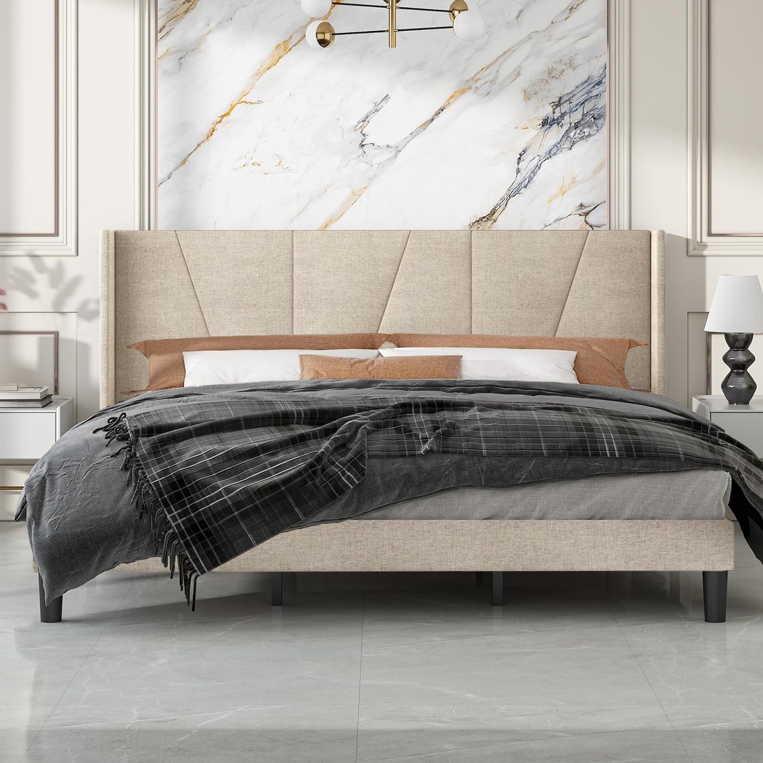 4 EVER WINNER King Size Bed Frame, Wingback Upholstered Platform Bed Frame King with Geometric Headboard & Footboard, Wood Slat Support, No Box Spring Needed, Easy Assembly, Beige