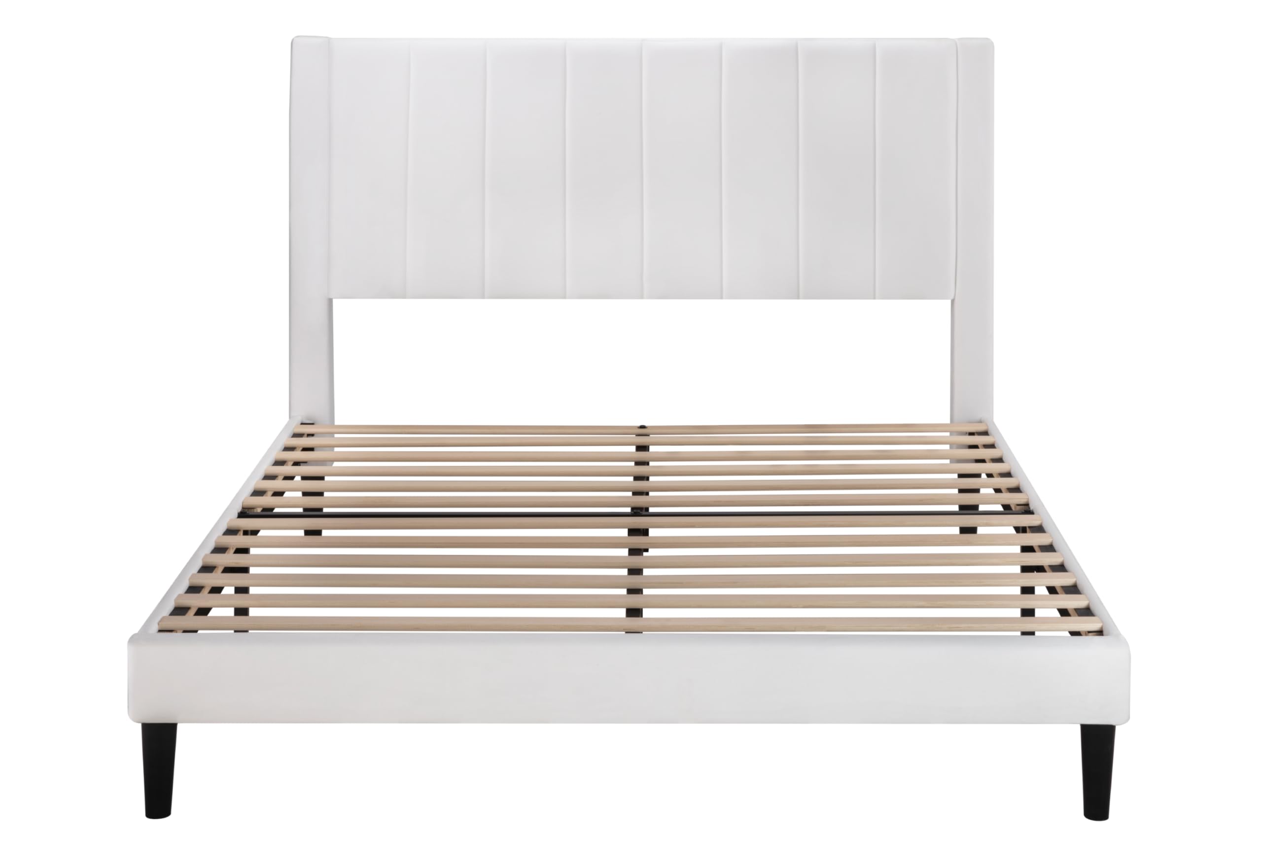Allewie Queen Bed Frame/Velvet Upholstered Bed Frame with Vertical Channel Tufted Headboard/Strong Wooden Slats/Platform Bed Frame/Mattress Foundation/Box Spring Optional/Easy Assembly/White