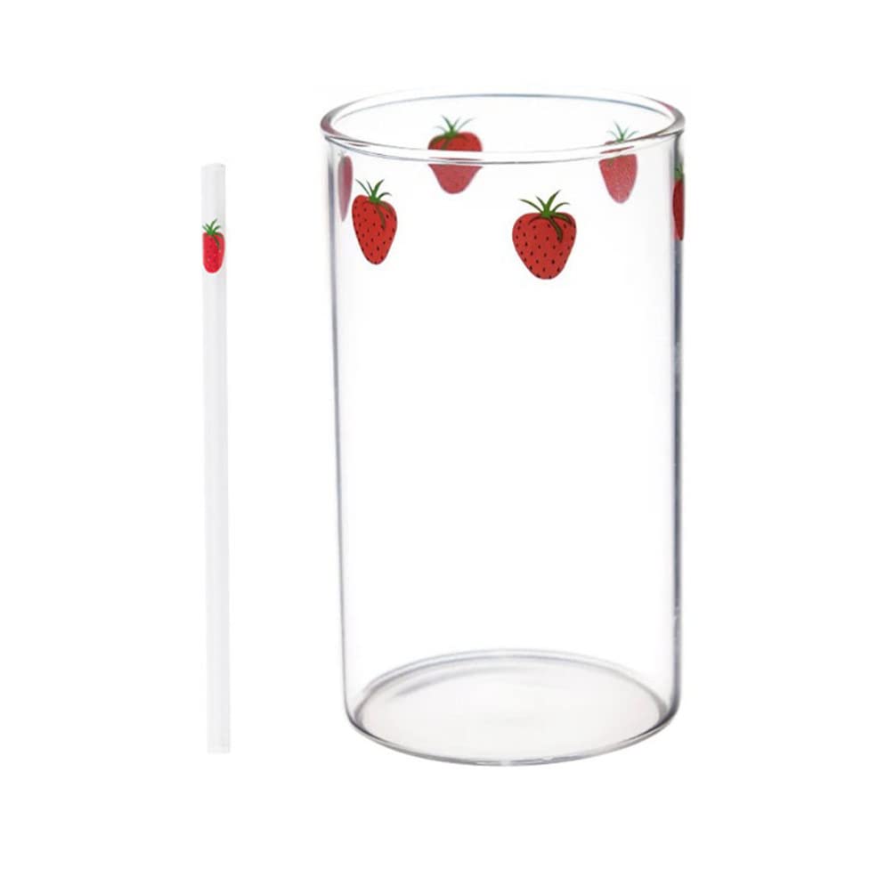 Alipis Glass Water Cup Strawberry Pattern Drinking Cup, Glass Milk Bottle with Straw, Clear Glass Tea Cup Juice Mug for Beverage Beer