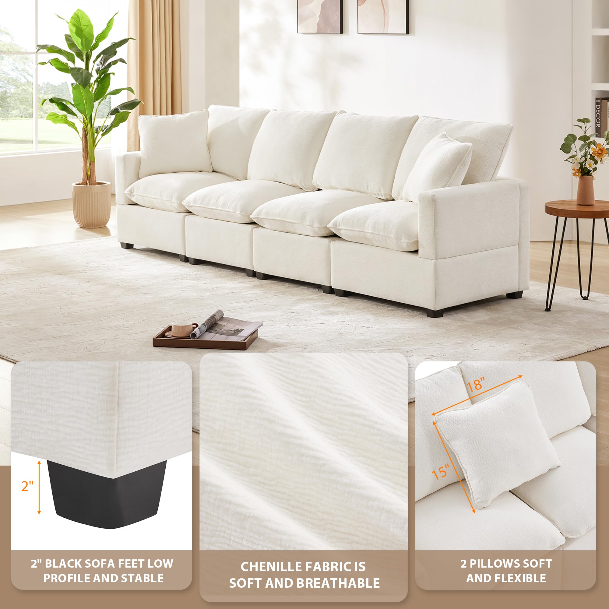 KIVENJAJA Modular Sectional Couch, Modern Chenille 4-Seater Cloud Comfy Sofa with Pillows for Living Room Apartment Office, 110”W, White