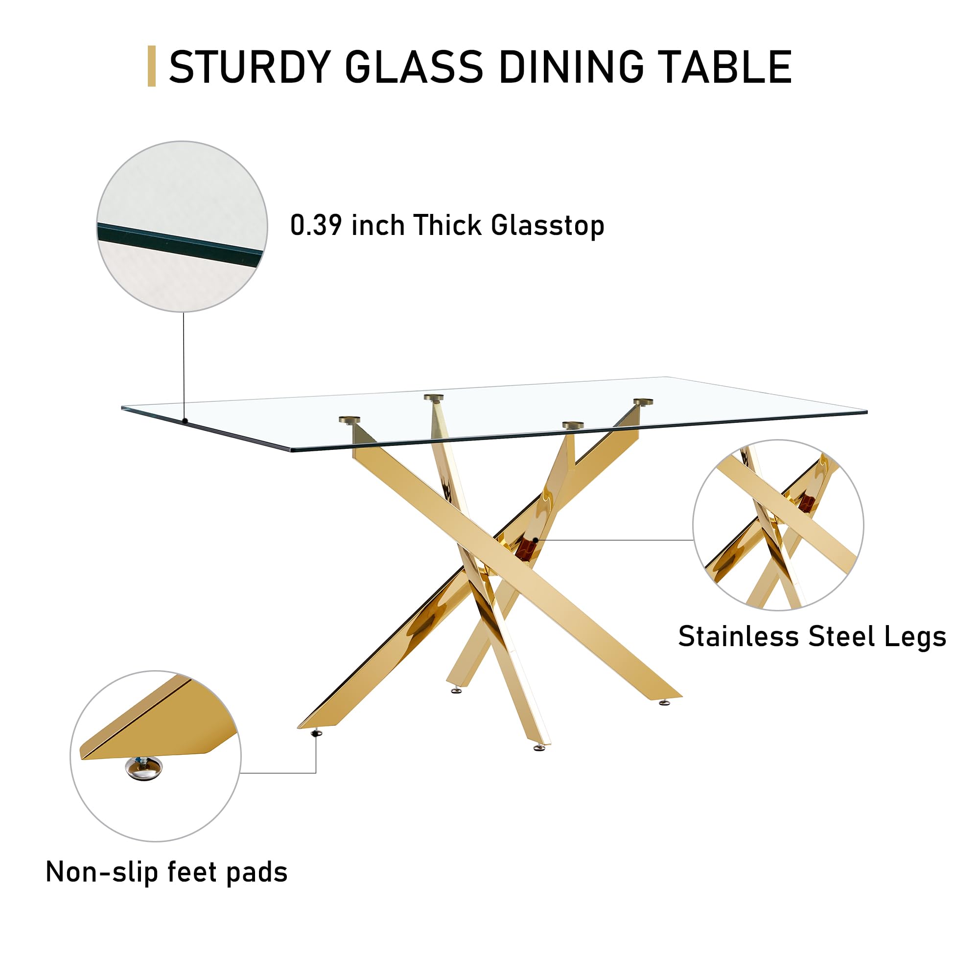 47β Round Dining Table for 4, 0.39" Tempered Glass Dining Table, Small Dining Table with Gold Stainless Steel Base, Round Clear Kitchen Table Writing Table Desk for Dining Kitchen