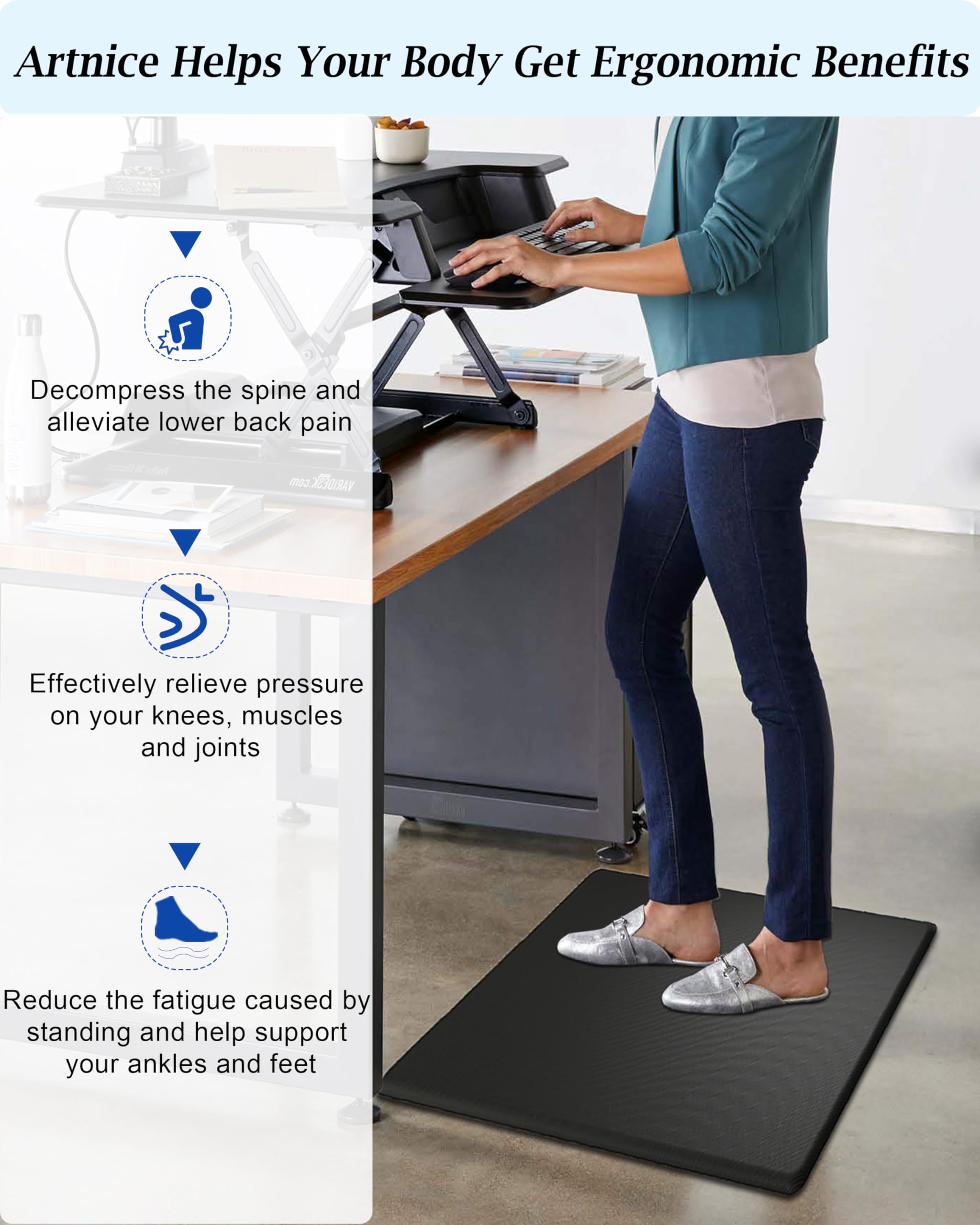 Artnice Anti Fatigue Mat Standing Desk Office One Piece,0.75" Memory Foam Kitchen Mats for Standing,Standing Mat for Standing Desk for Floor, Office, Sink(17.3" x 28")