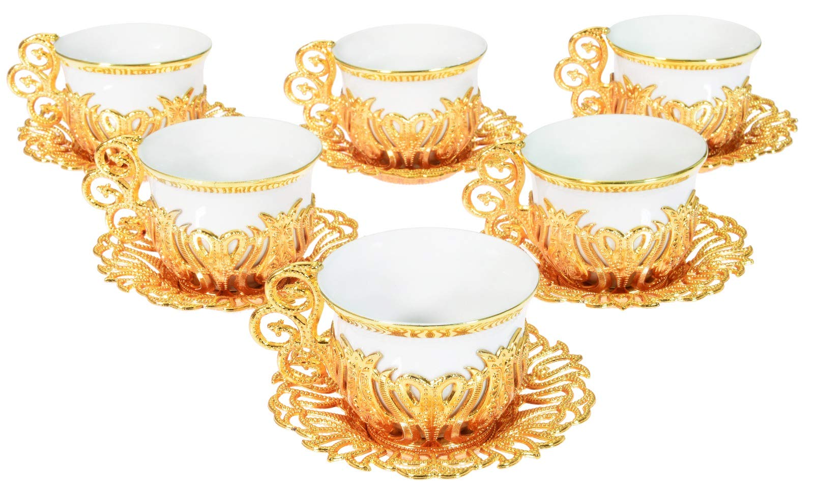 Alisveristime Turkish Coffee Cup Set, White Porcelain and Zinc Metal with Turkish Motifs, 6 Cups and Saucers (Gold)