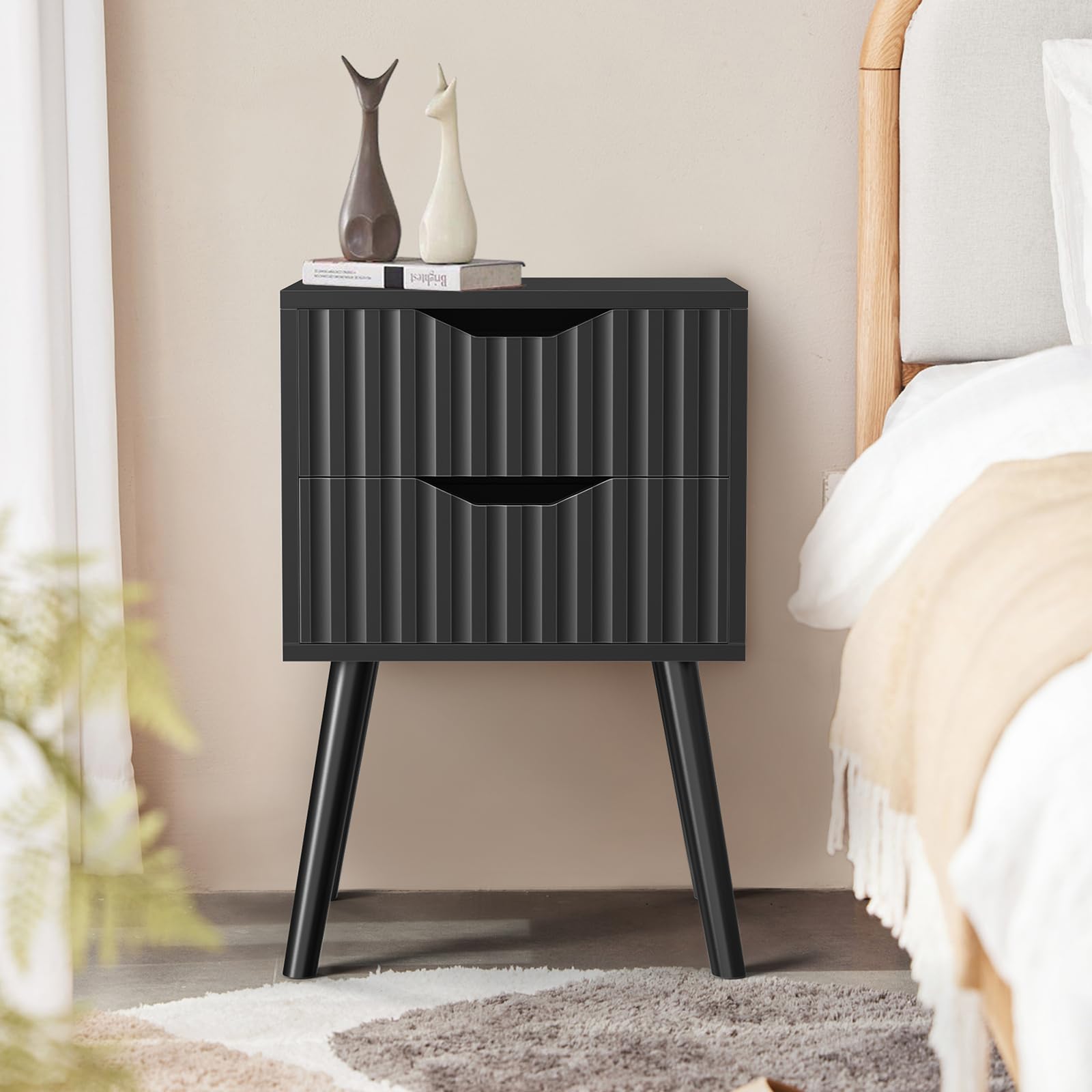 Bavelye Black Nightstand Set of 2, Thickened Wooden Night Stand with 2 Drawers, Mid-Century Modern Bedside Table with Storage, Small End Table for Bedroom