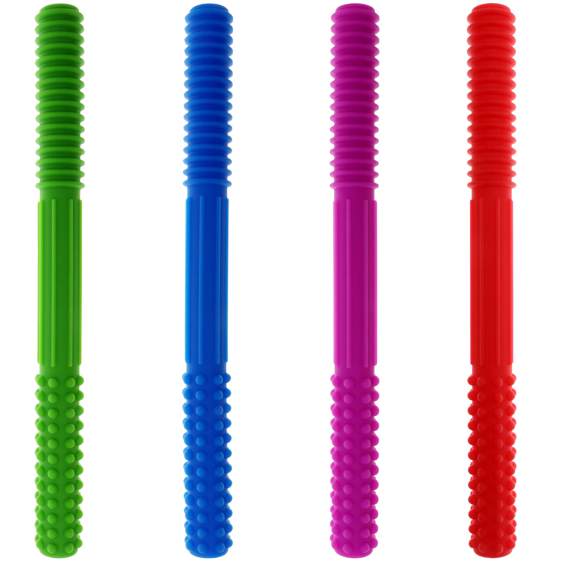 Munchewy Sensory Teething Tubes(4 Pack), Soft Silicone Hollow Teether Chew Toy for Babies, Toddlers, Kids, Boys, Girls with Autism, ADHD, SPD, Biting, Teething, Sensory Needs(Blue,Green,Purple,Red)