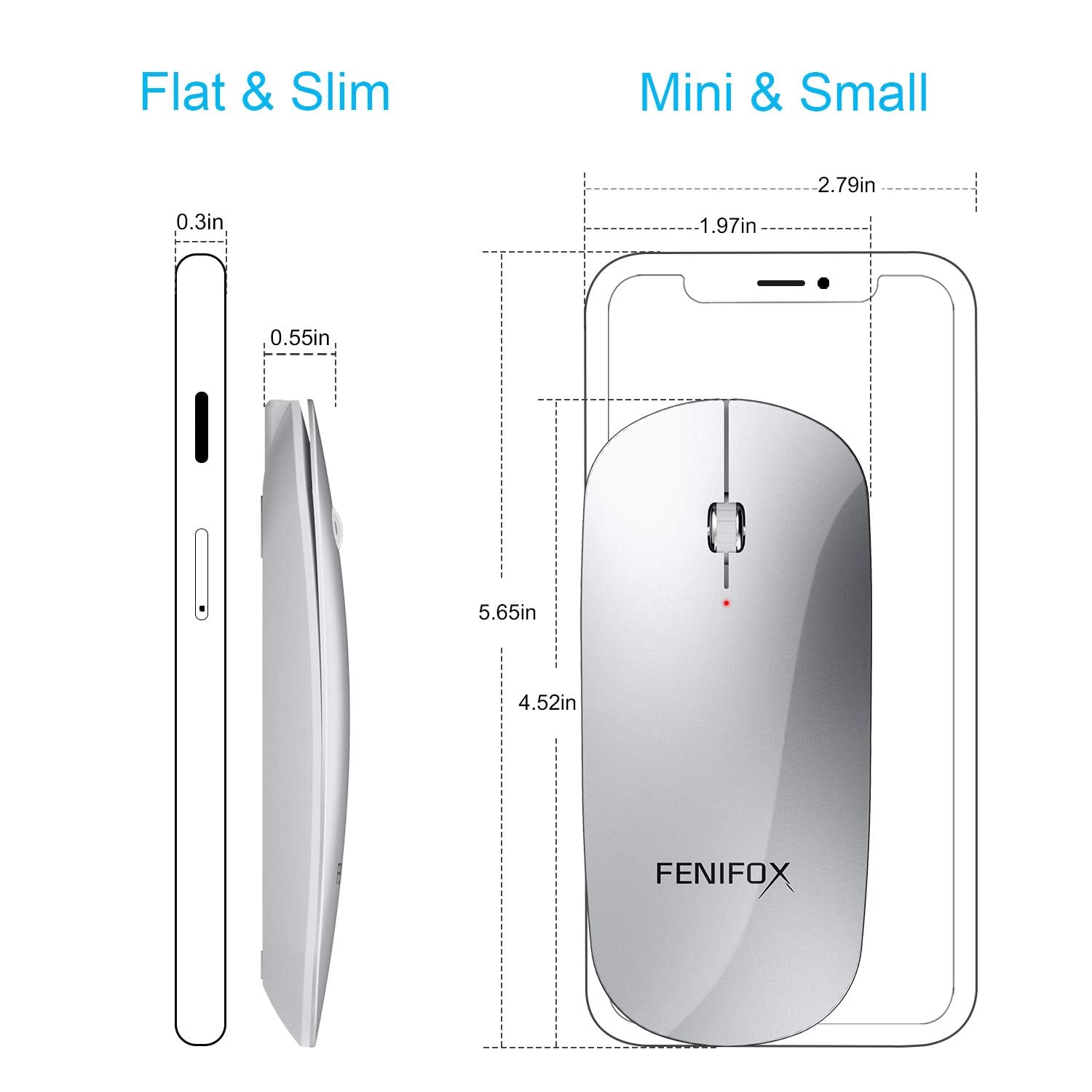FENIFOX Bluetooth Mouse, Slim Mini Portable Flat Travel Wireless Mouse Rechargeable Quiet Ultra-Thin Mice Compatible with Laptop,Tablet,Notebook,PC (Silver and White)